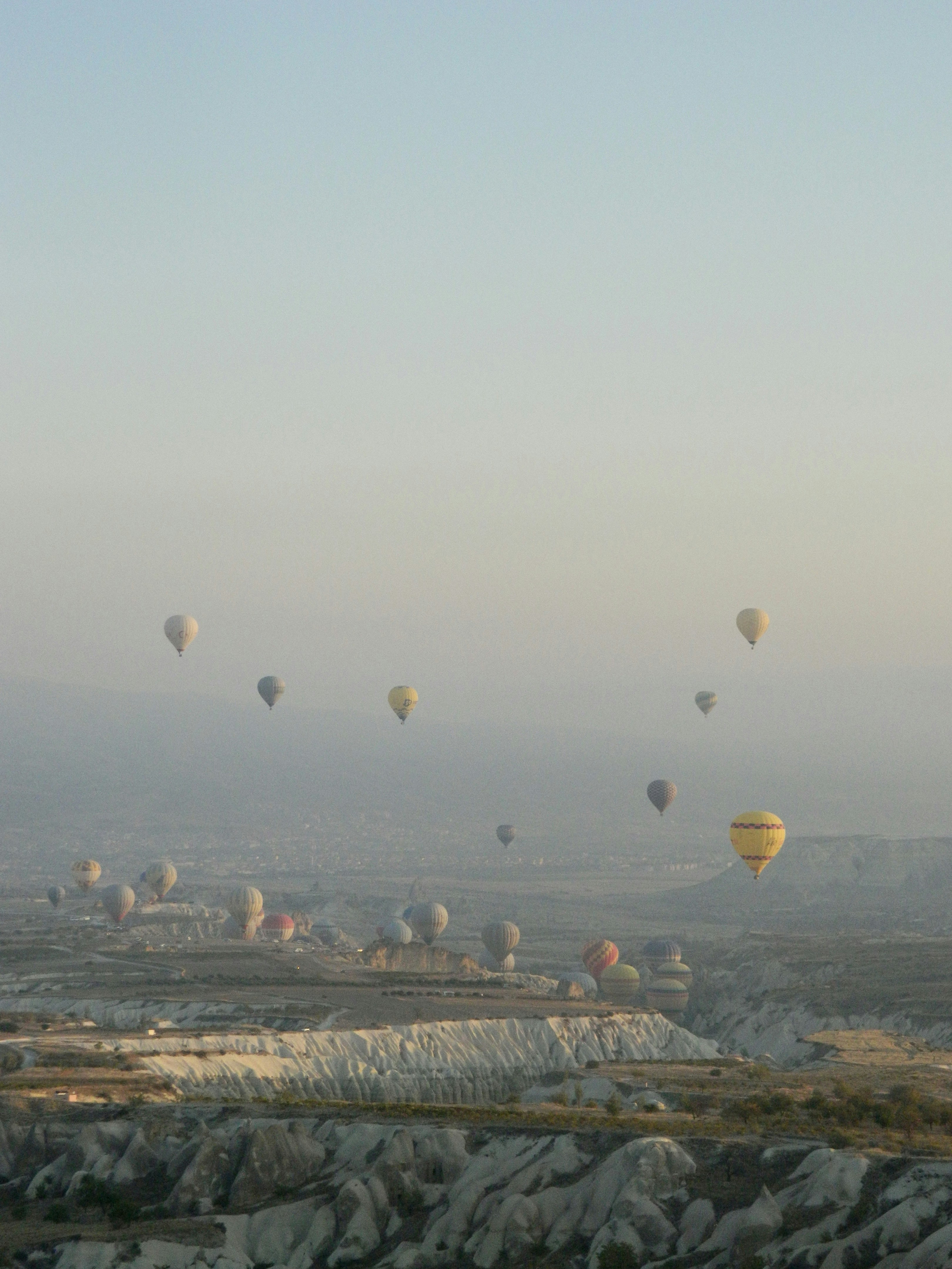 A panoramic view of numerous hot air balloons gracefully floating over the unique landscapes of Cappadocia, capturing the beauty of early morning light.