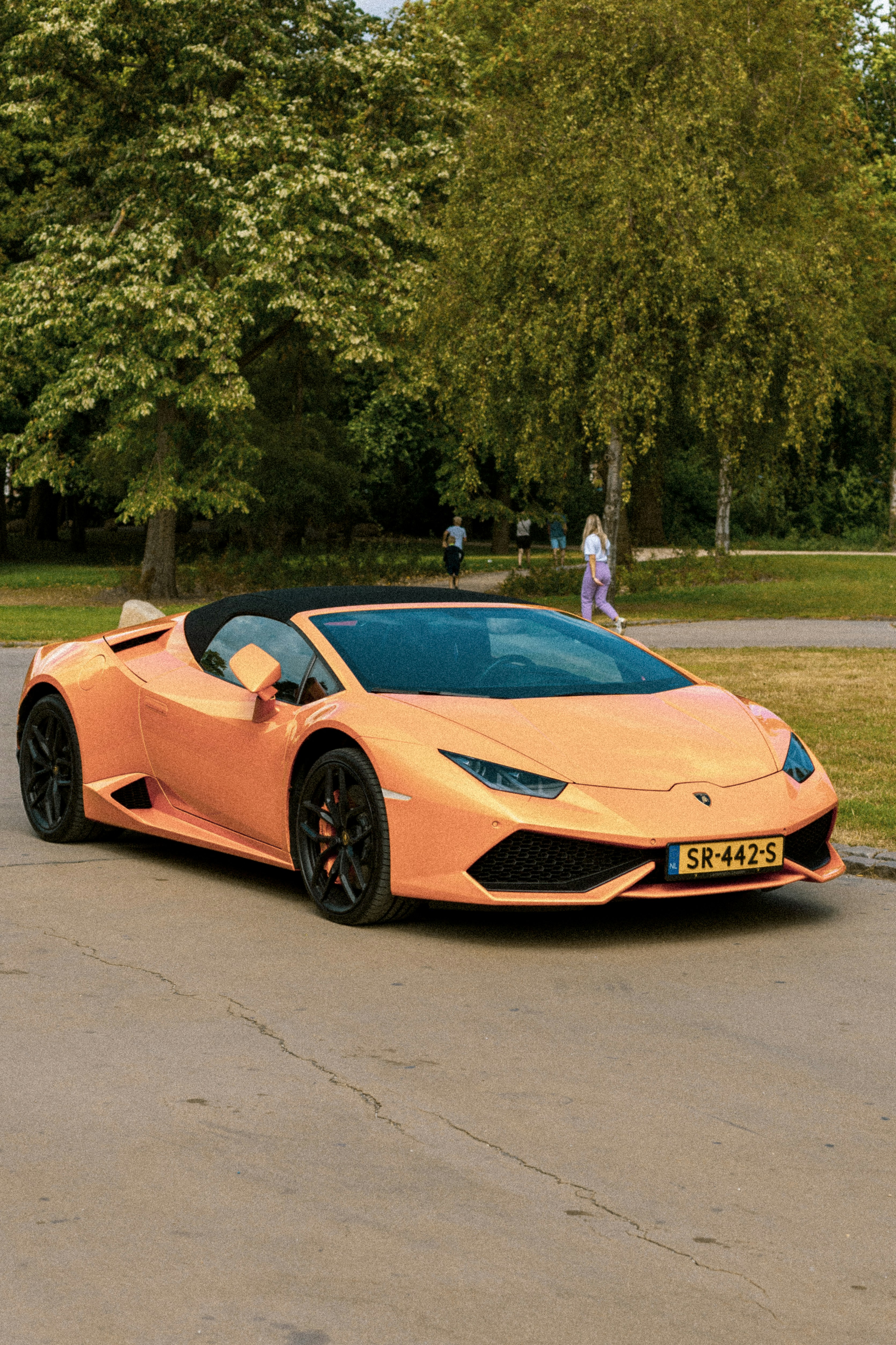 Sunlit Peach Lamborghini Huracan Anchored at the Park's Edge