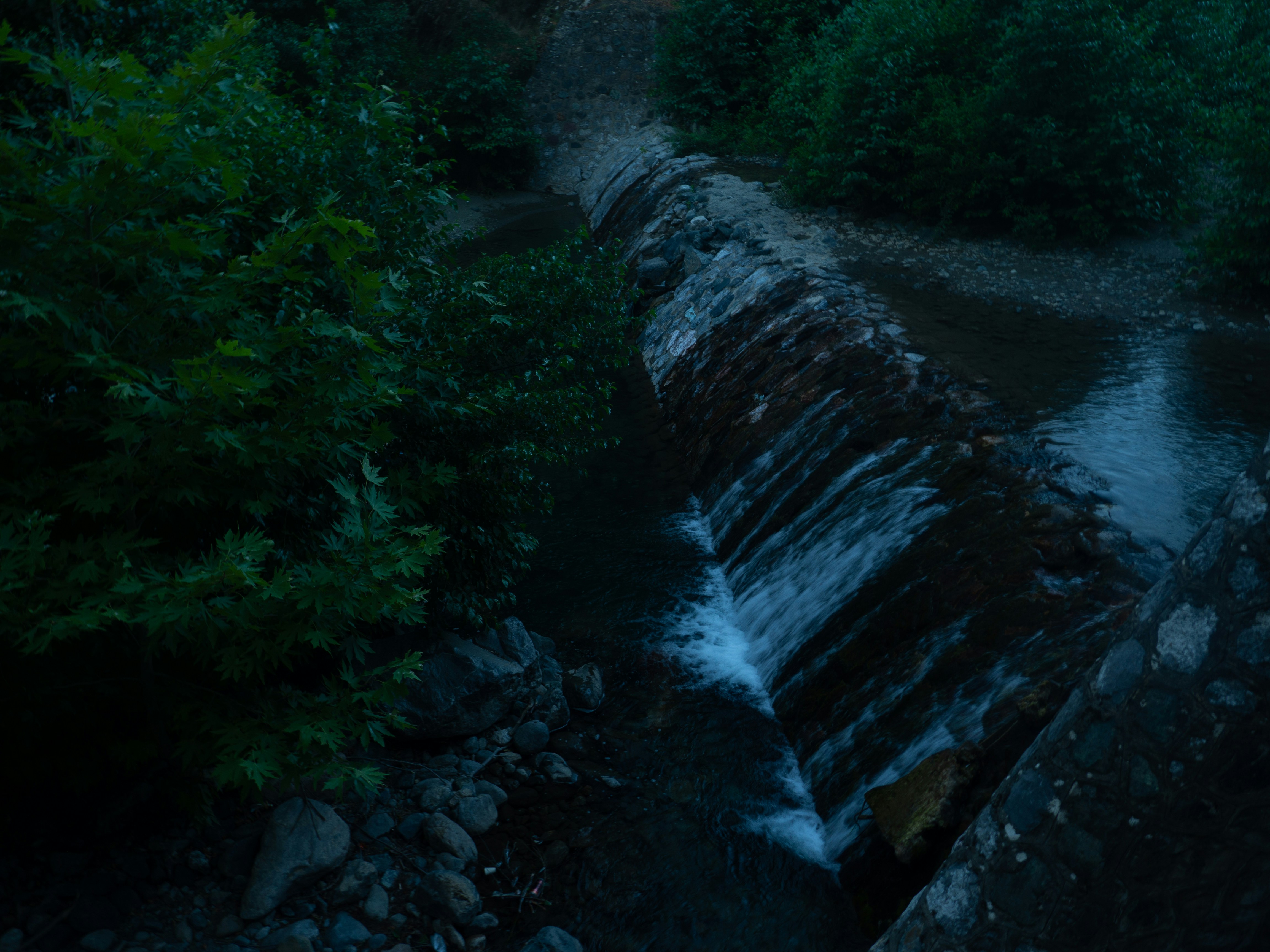 Gentle waterfall cascading over a rocky ledge, surrounded by lush greenery in a twilight setting.
