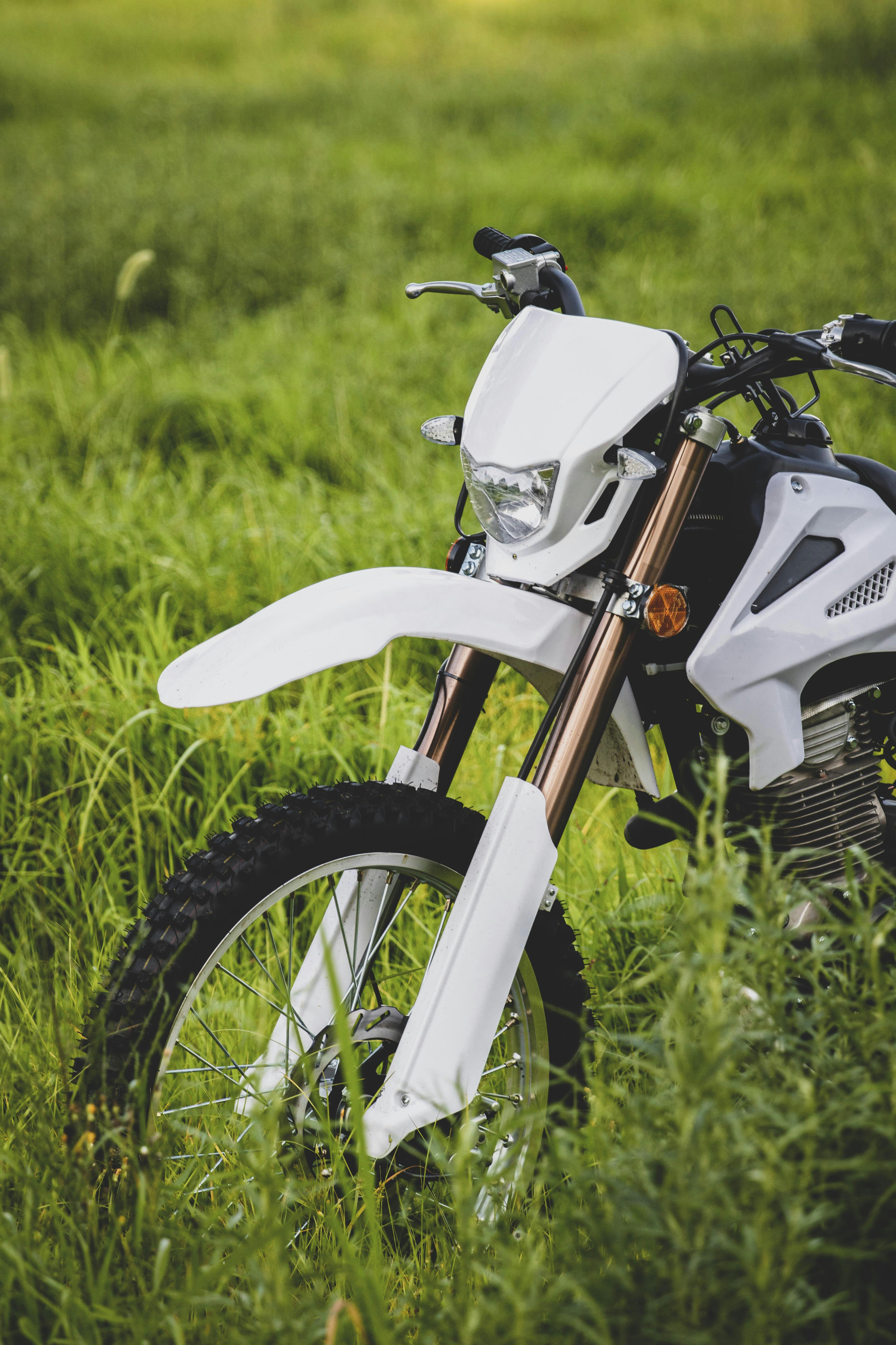 Front-Quarter Portrait: White Dirt Bike Standing Tall in a Lush Meadow