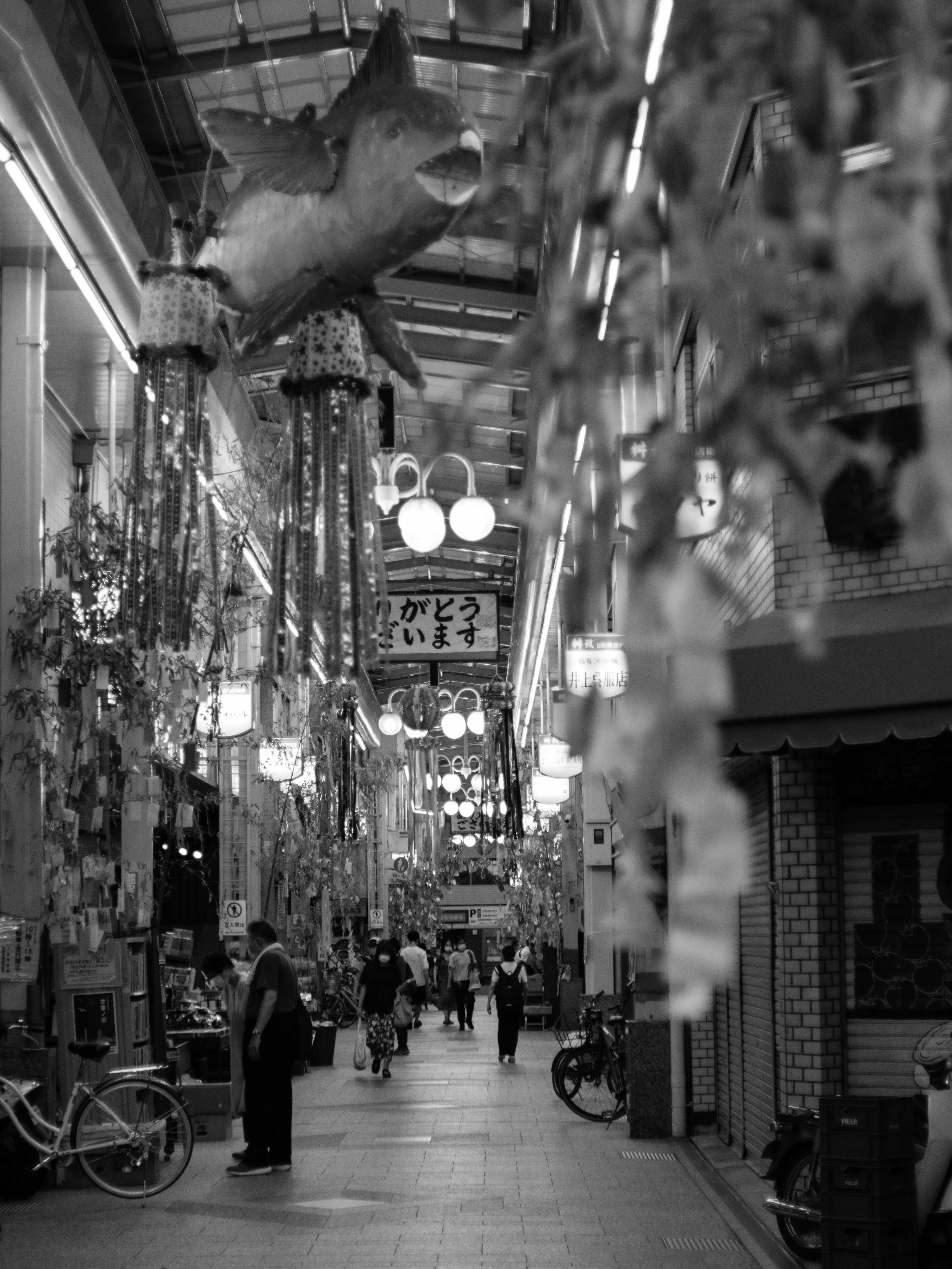 Lantern-Lit Arcade Beneath a Giant Hanging Fish