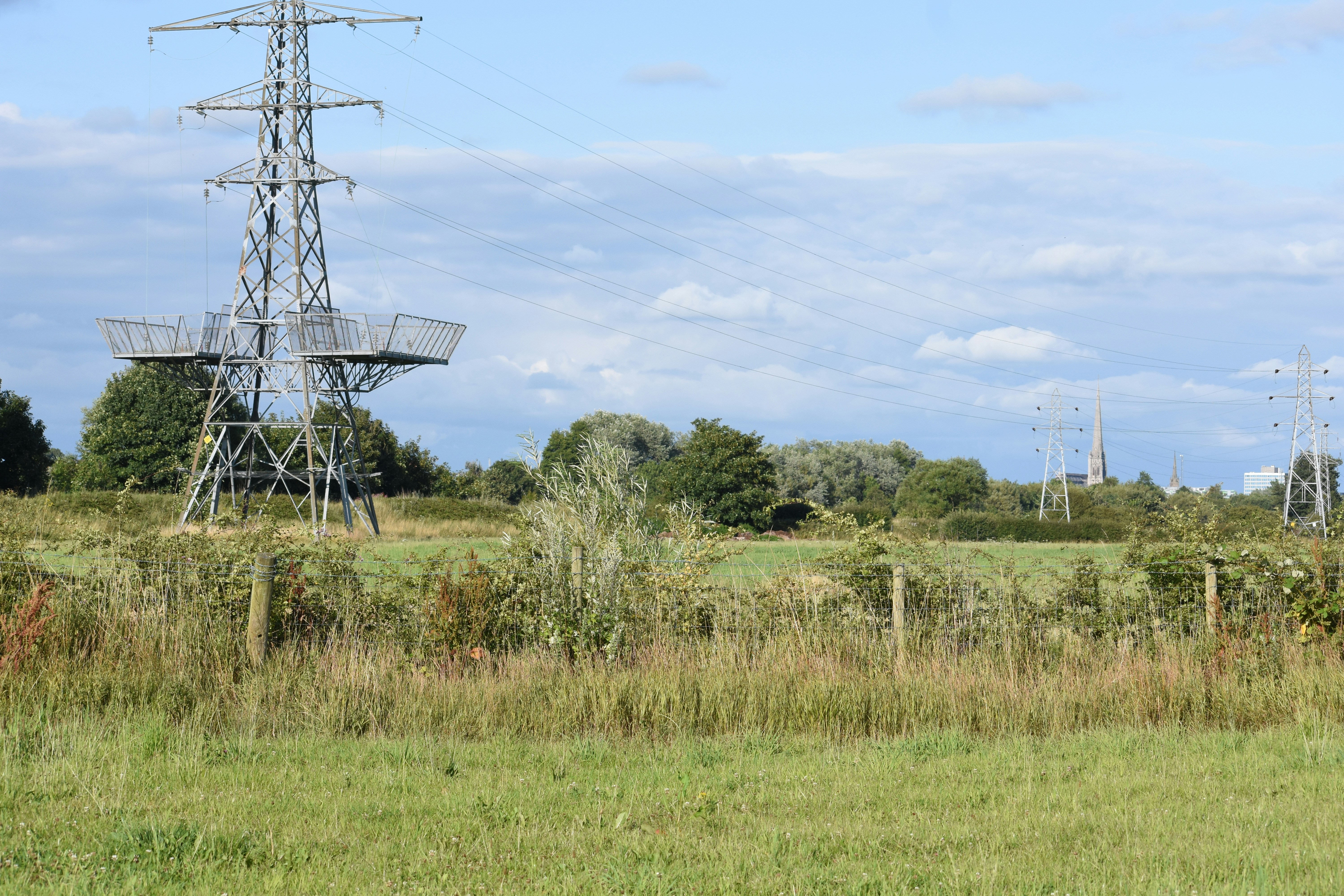 Power lines tower over a lush green field, with trees and distant spires visible under a clear blue sky.