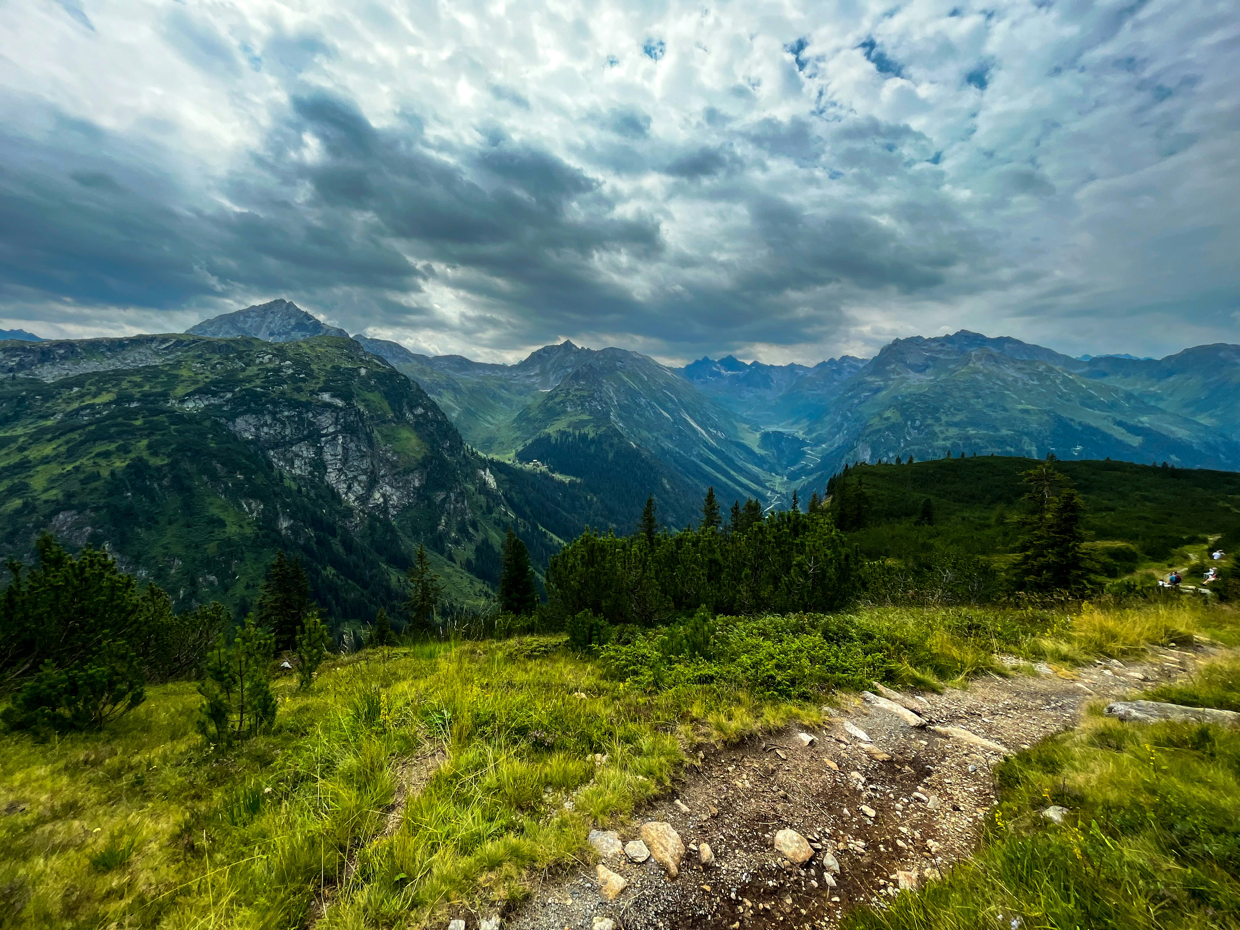 Un sentier rocheux dans une vallée avec des arbres et des montagnes en ...