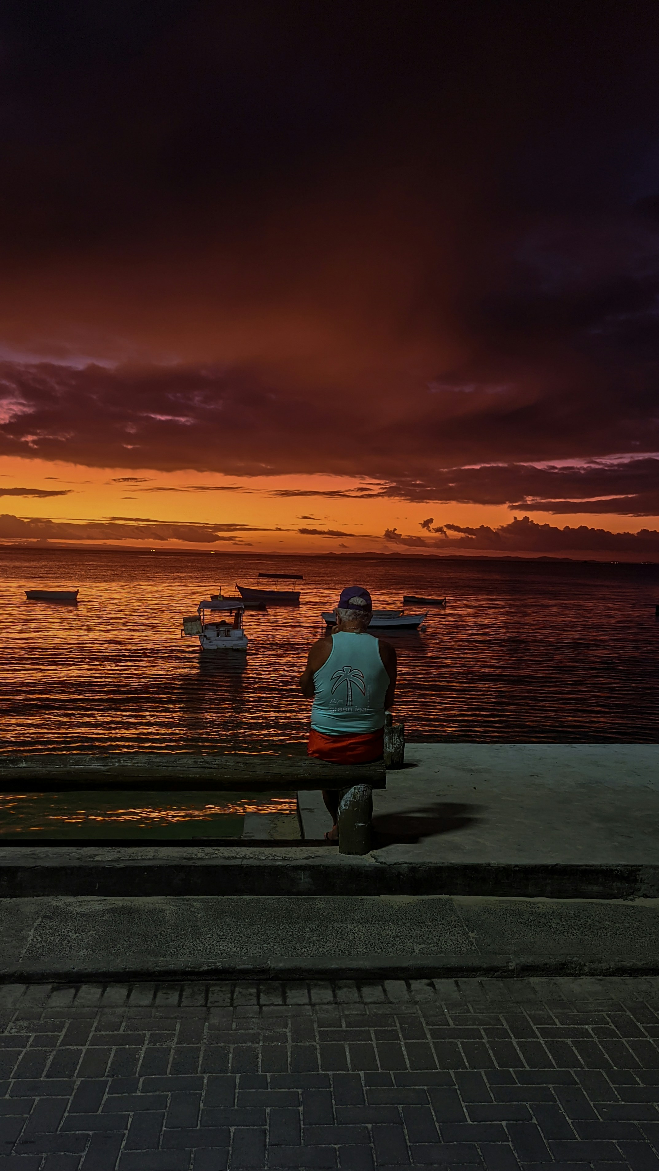 Silhouette at Sunset: A Pier, Palm Tee, and Boats on Calm Water