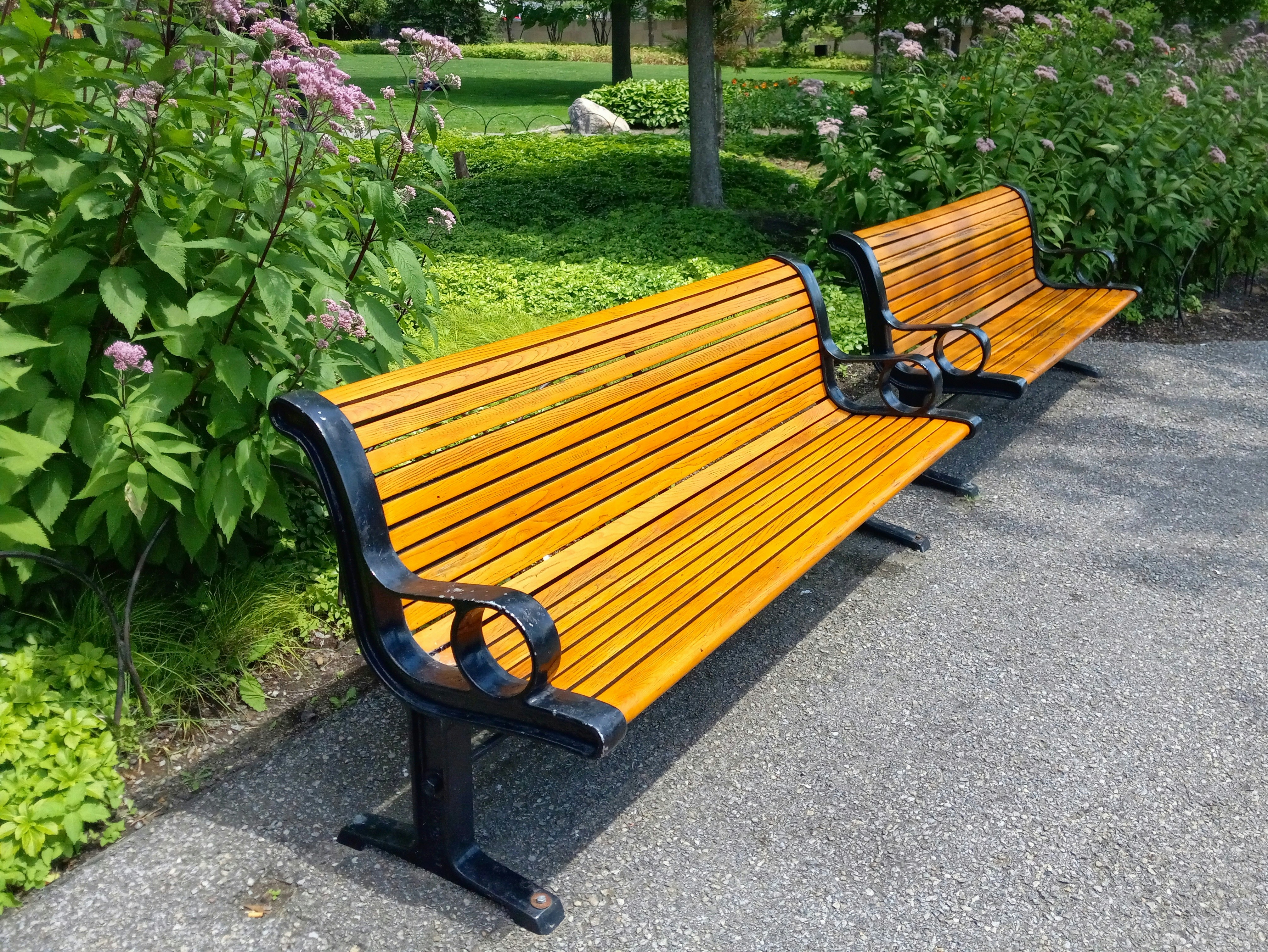 Two wooden benches with black metal frames positioned along a path in a lush garden setting, surrounded by blooming flowers and greenery.