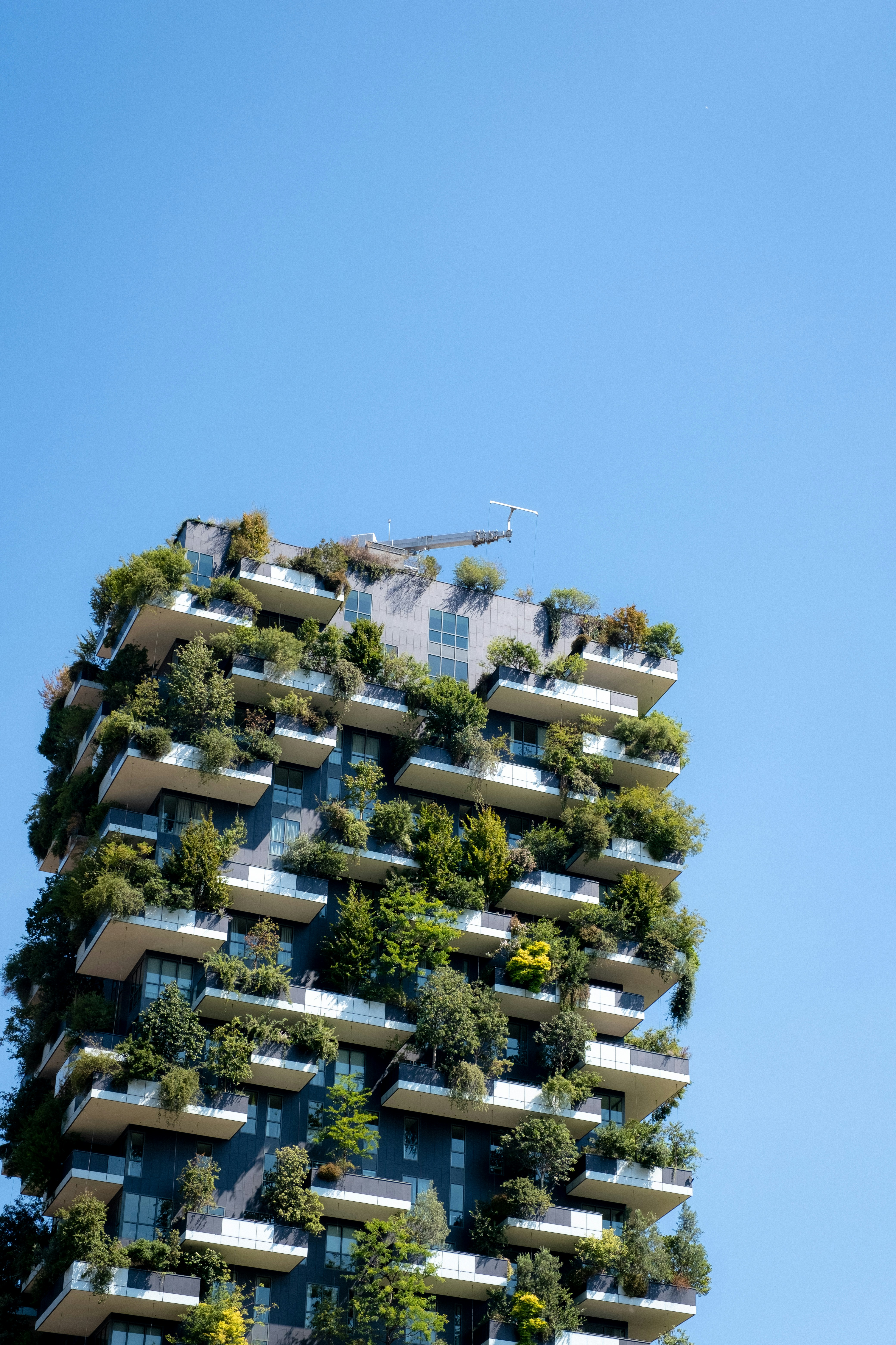 A modern building adorned with lush greenery on its balconies, showcasing innovative urban design. The clear blue sky serves as a backdrop to this eco-friendly structure.