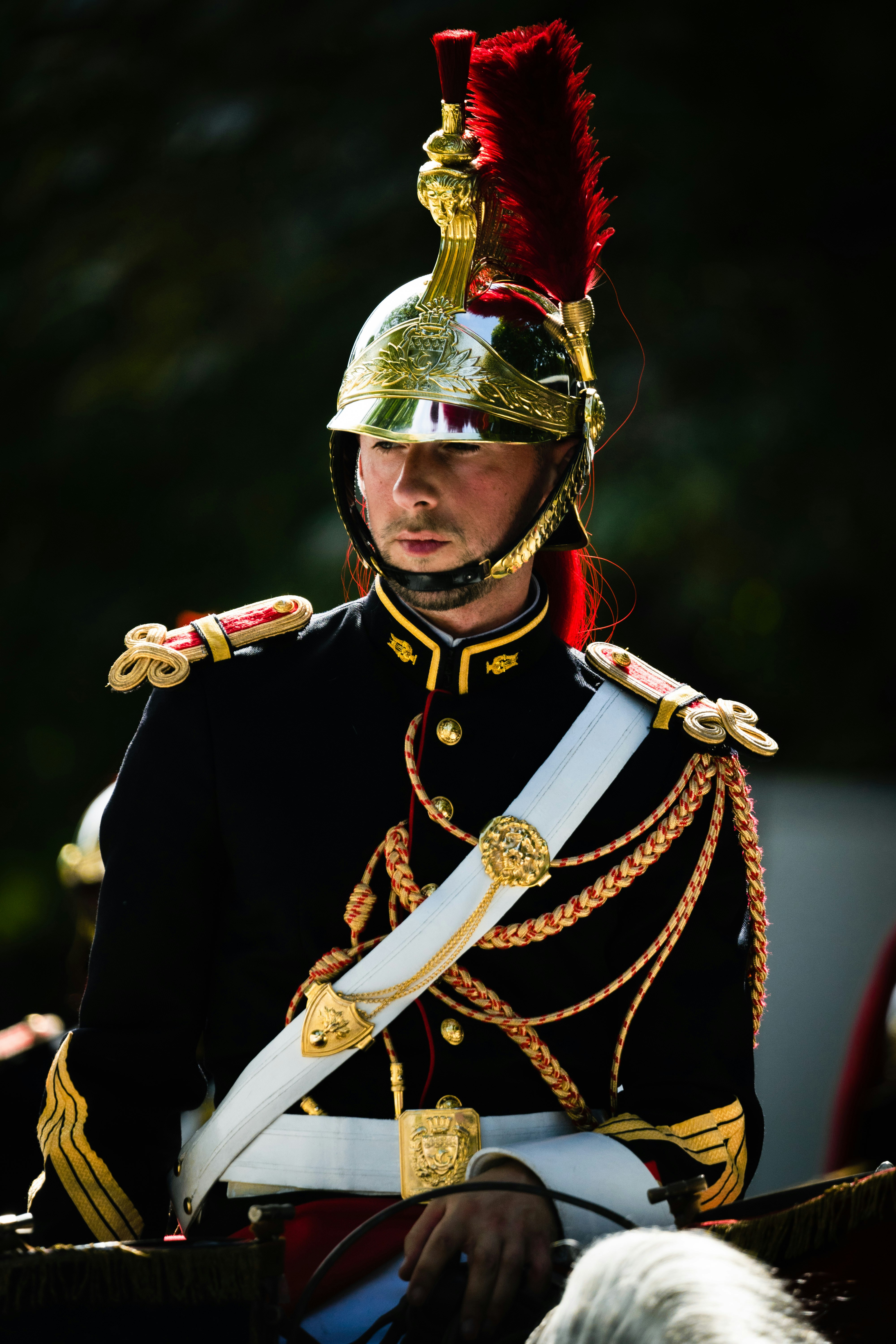 A mounted soldier in ornate uniform, complete with a feathered helmet, stands poised, exuding a sense of duty and history.