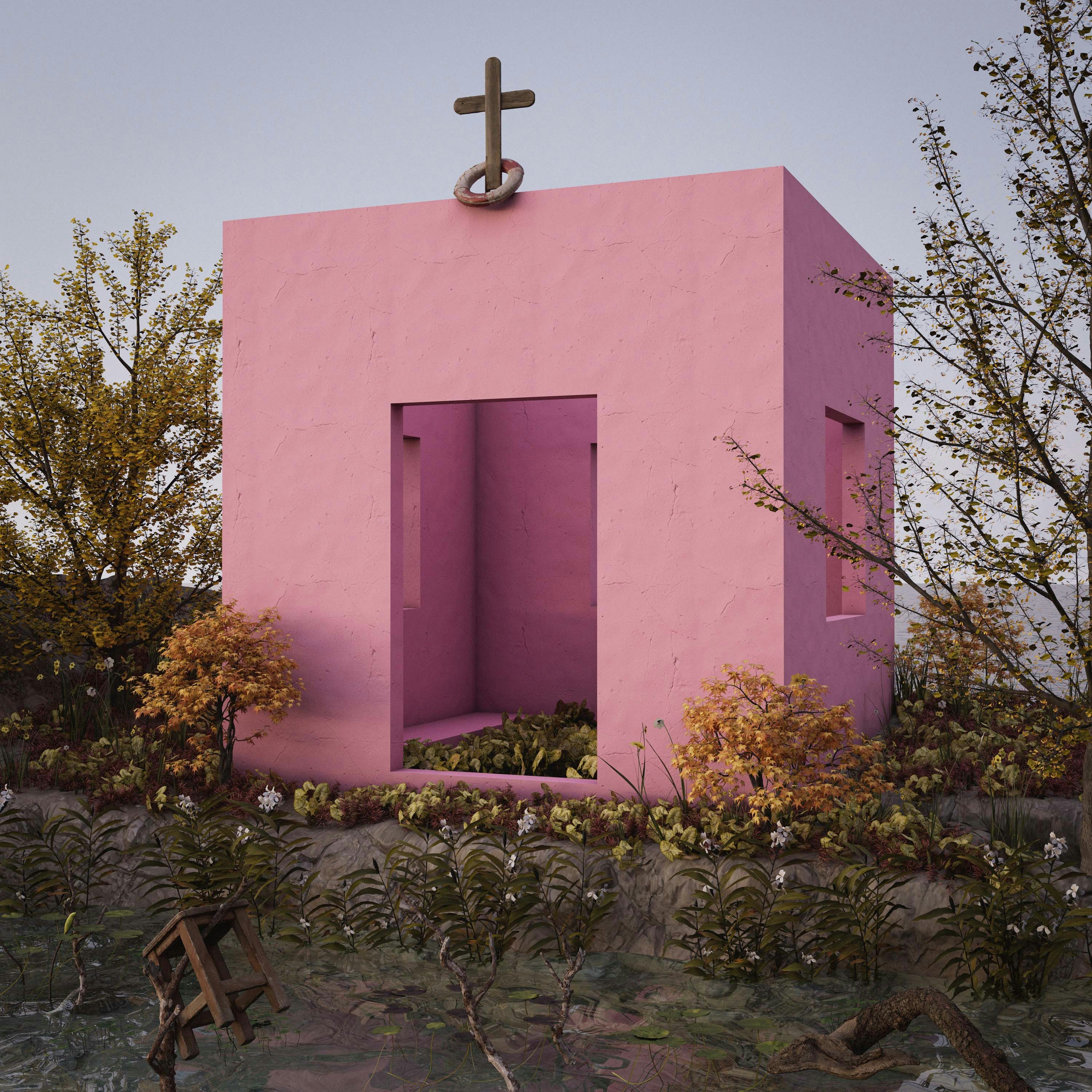 Foto Un edificio rosa con una cruz en la parte superior – Imagen Rosas ...