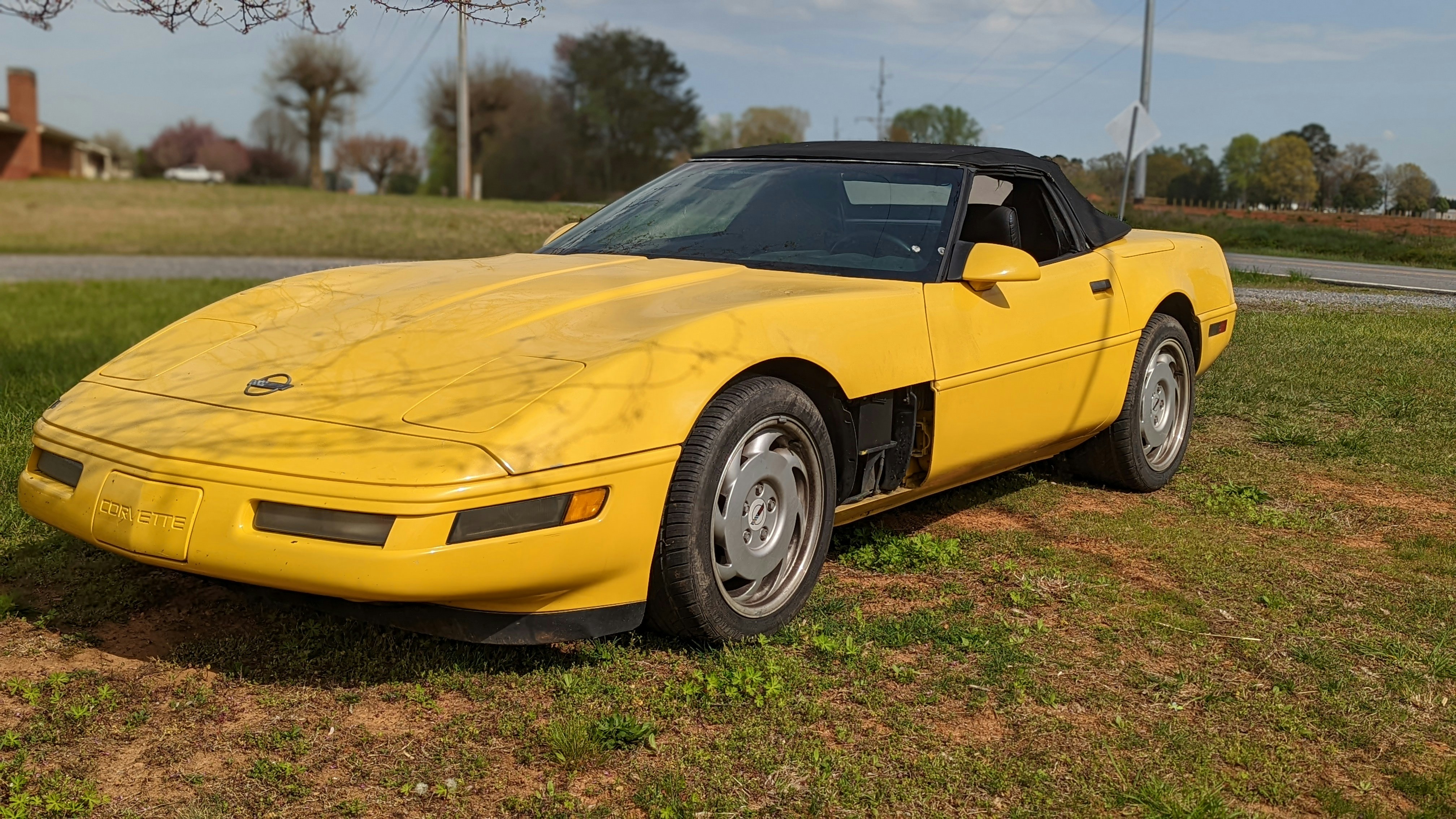 Sunlit Yellow Corvette Resting in a Quiet Field