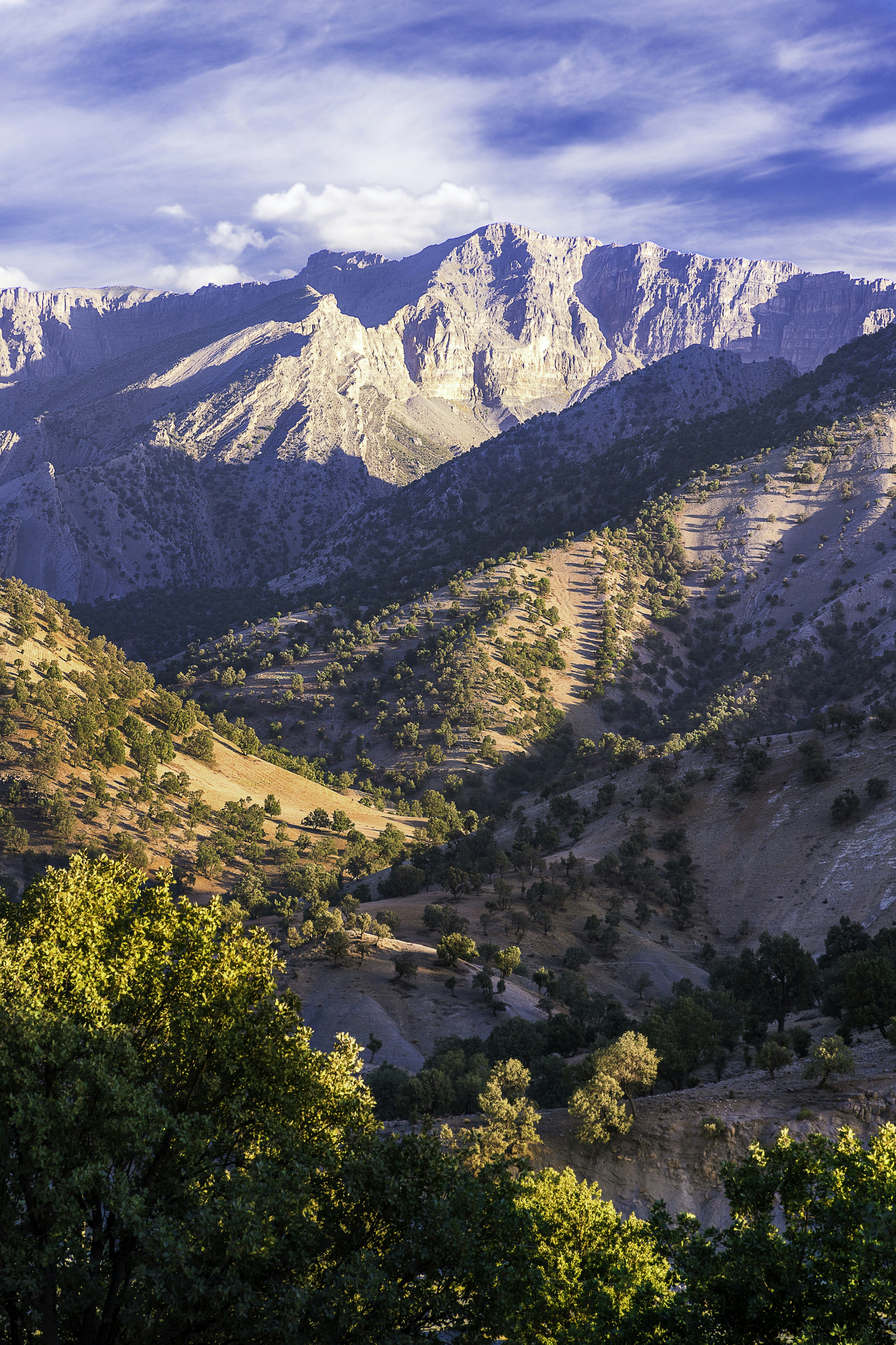 Majestic mountain range bathed in golden light, showcasing the rugged terrain and lush valleys below.