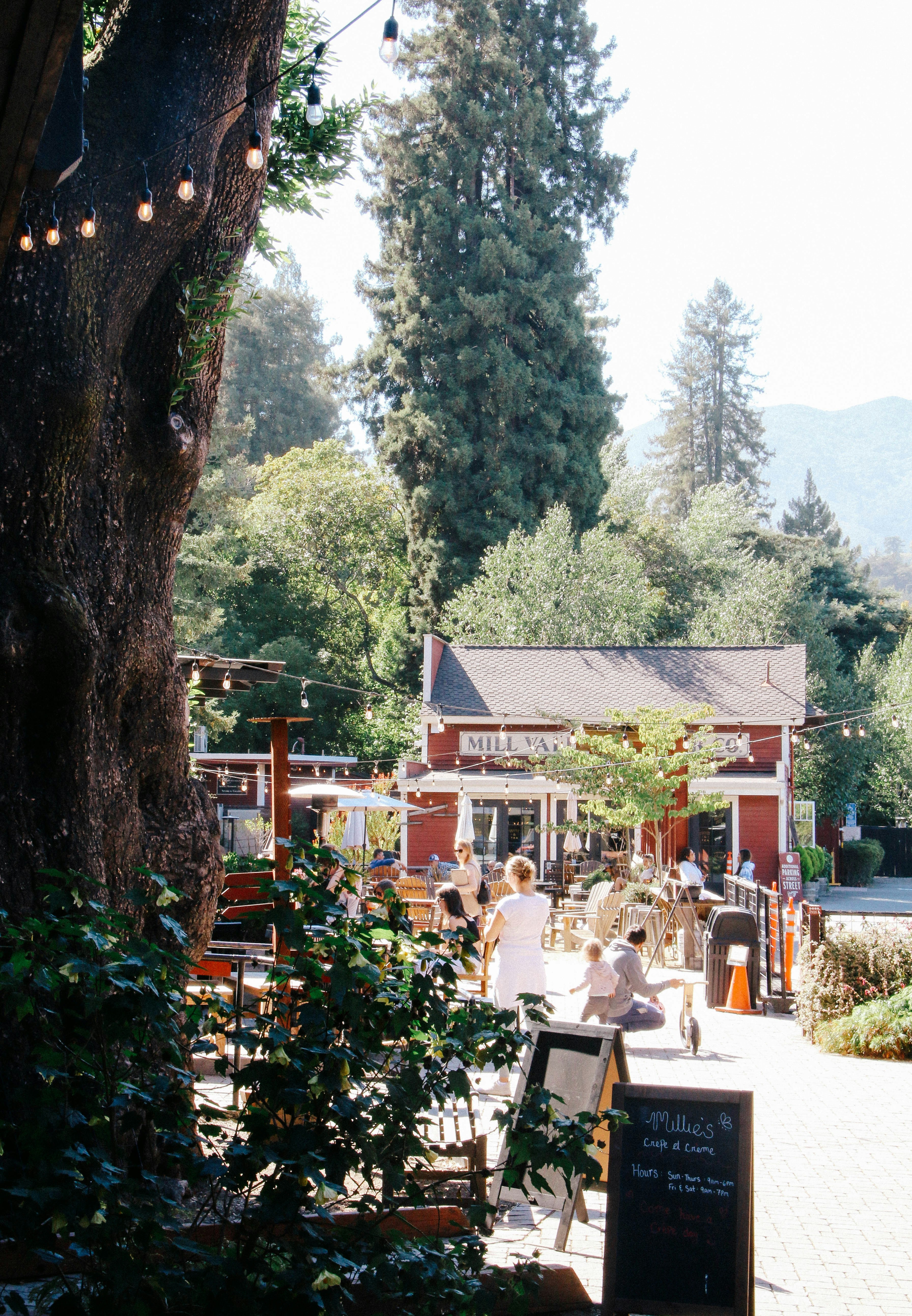 Sunlit Café Scene in a Mountain Village