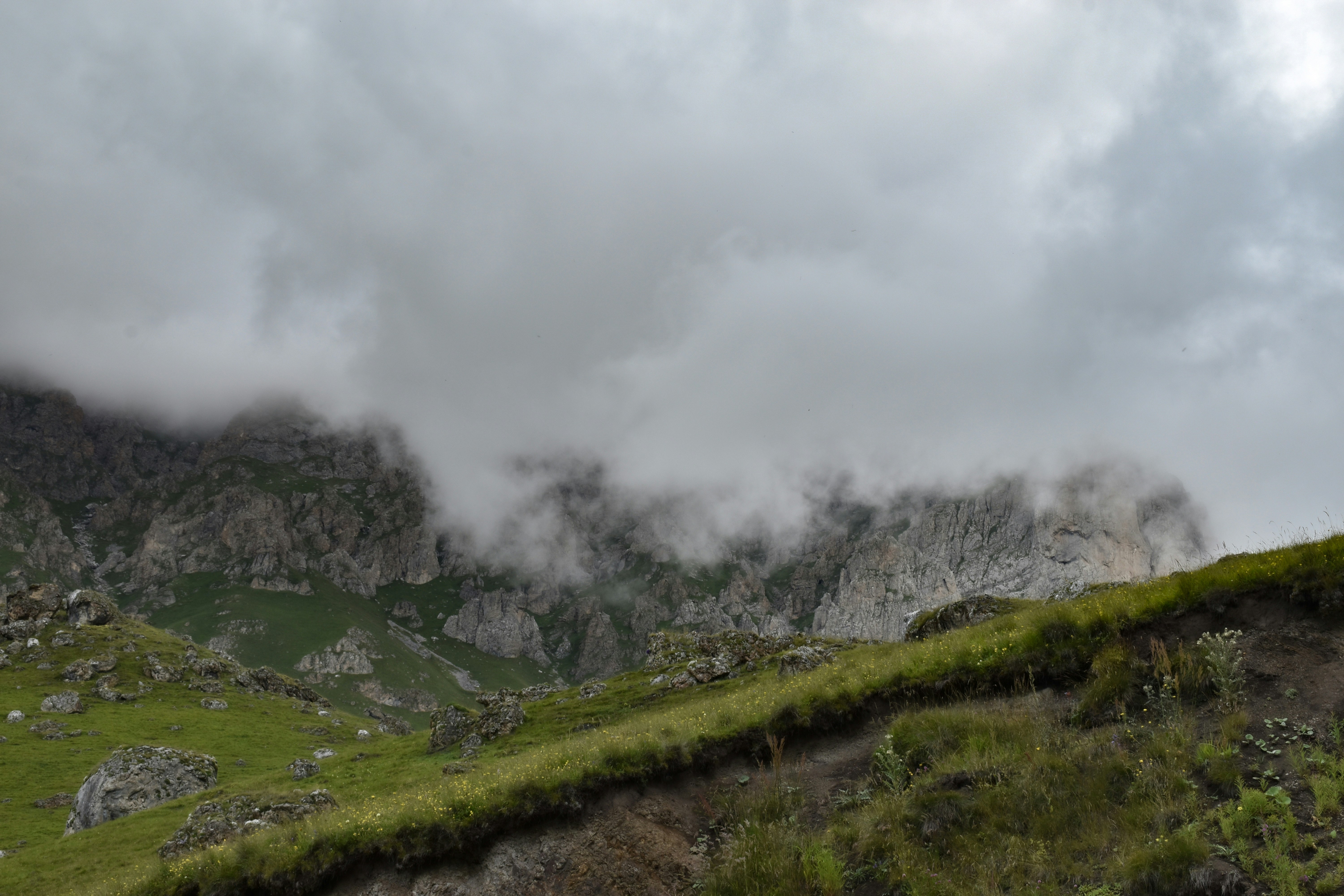 Clouds shroud rocky mountain peaks, creating a dramatic interplay of light and shadow against the lush green hillside.