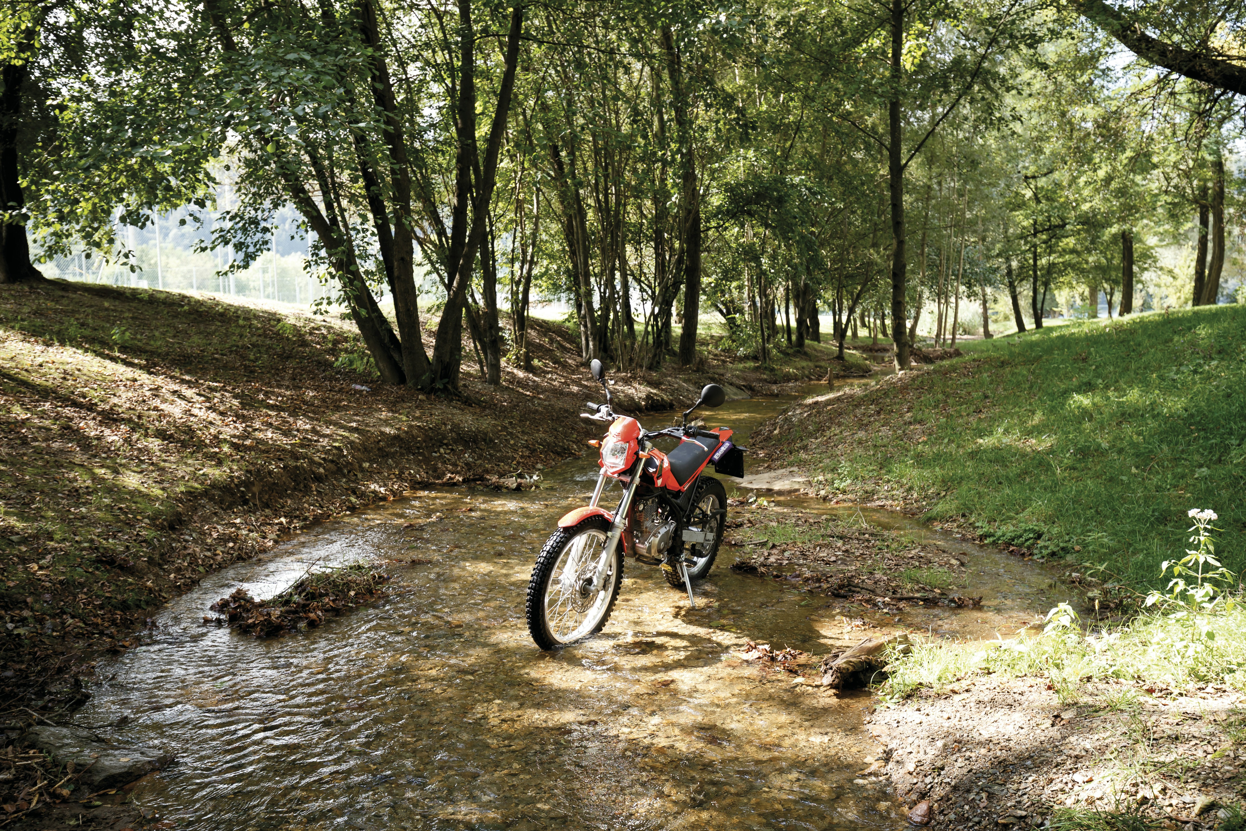A motorcycle stands in a shallow stream surrounded by lush greenery, highlighting the spirit of outdoor exploration.