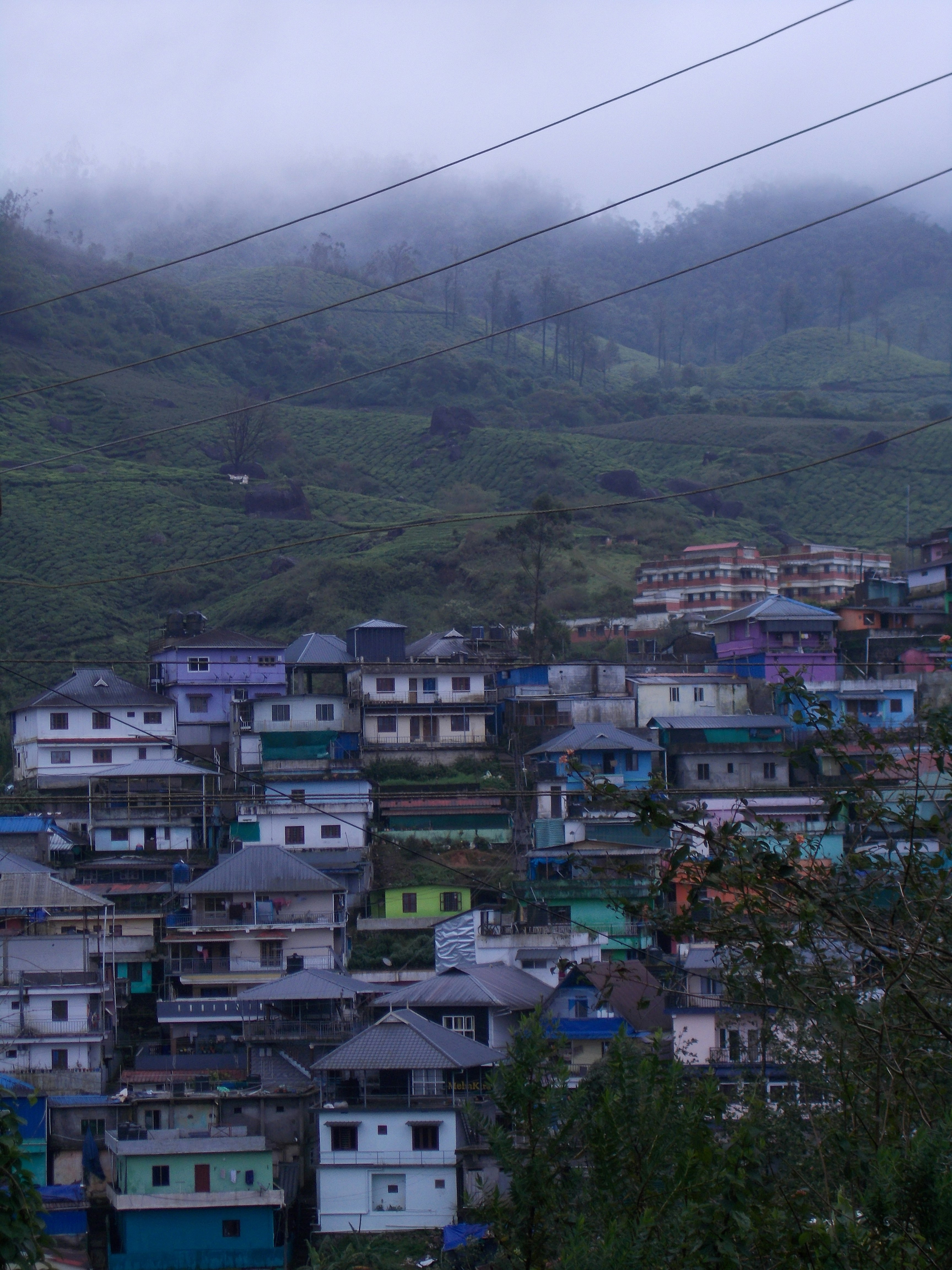 Hilltown in Fog: Colorful Homes Amid Tea Terraces