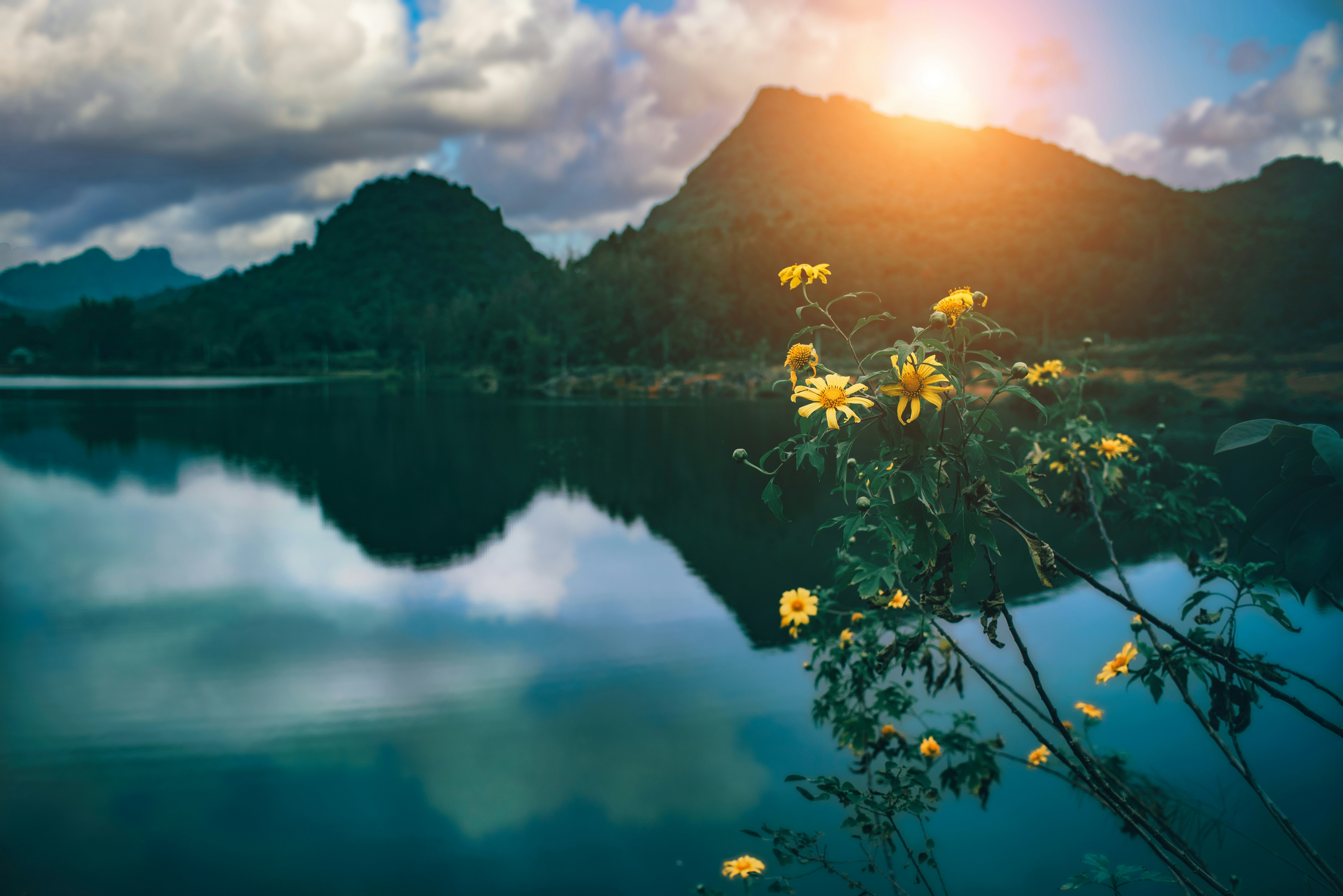 a body of water with a mountain in the background