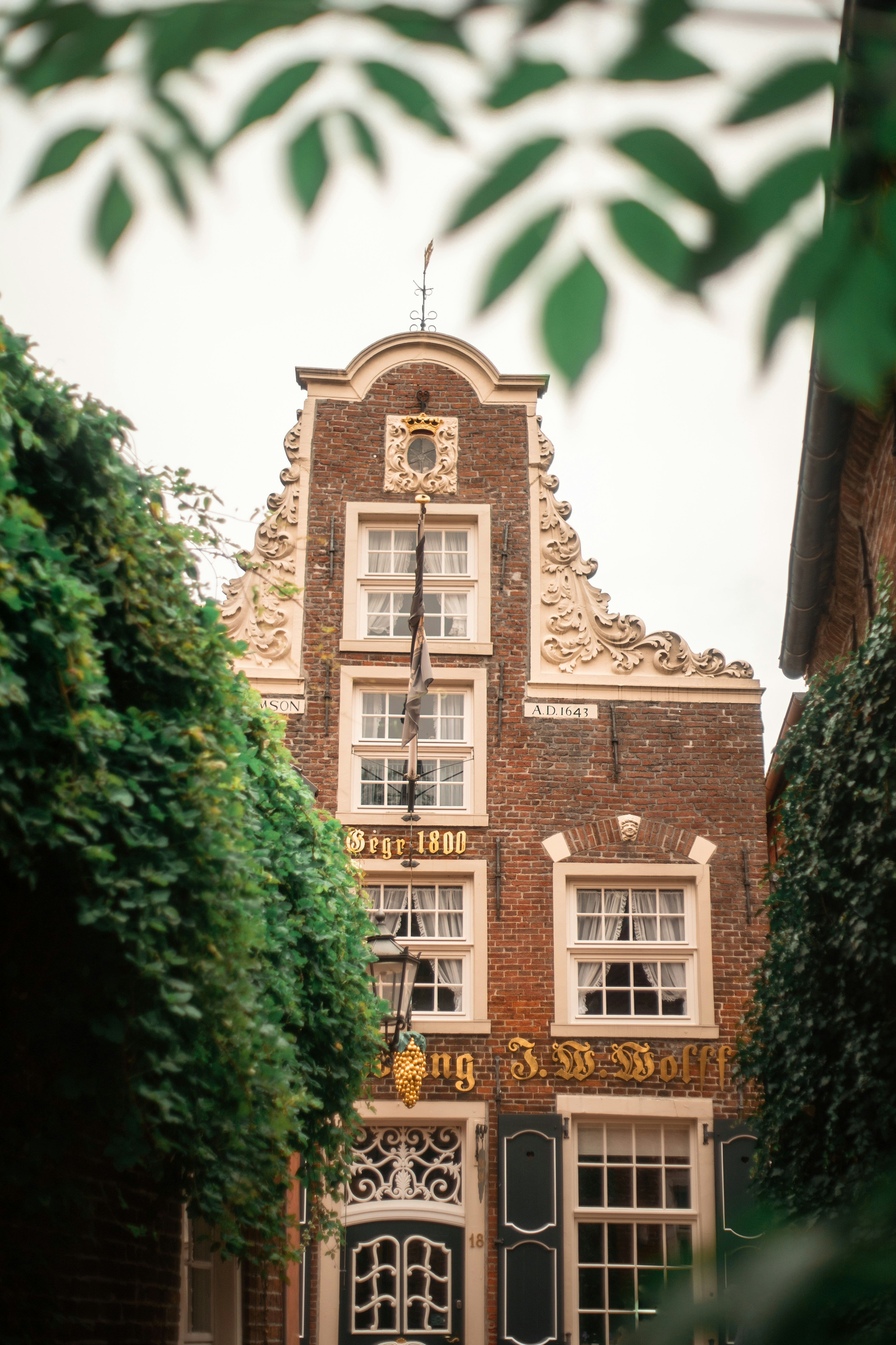 Ivy-Framed Dutch-Gable Facade with Ornate Brickwork