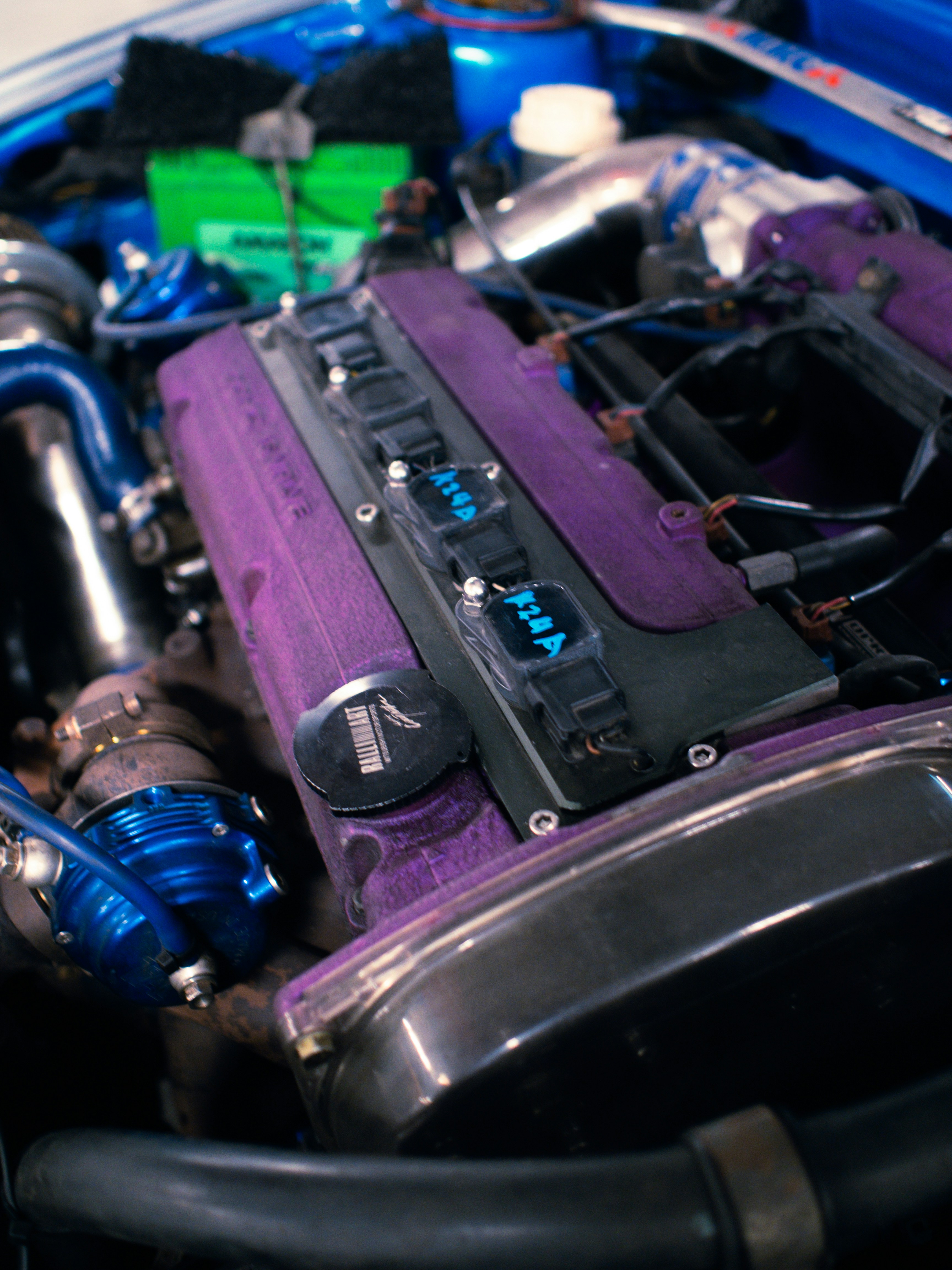 Valves in Velvet: Purple Engine Bay with Electric-Blue Accents