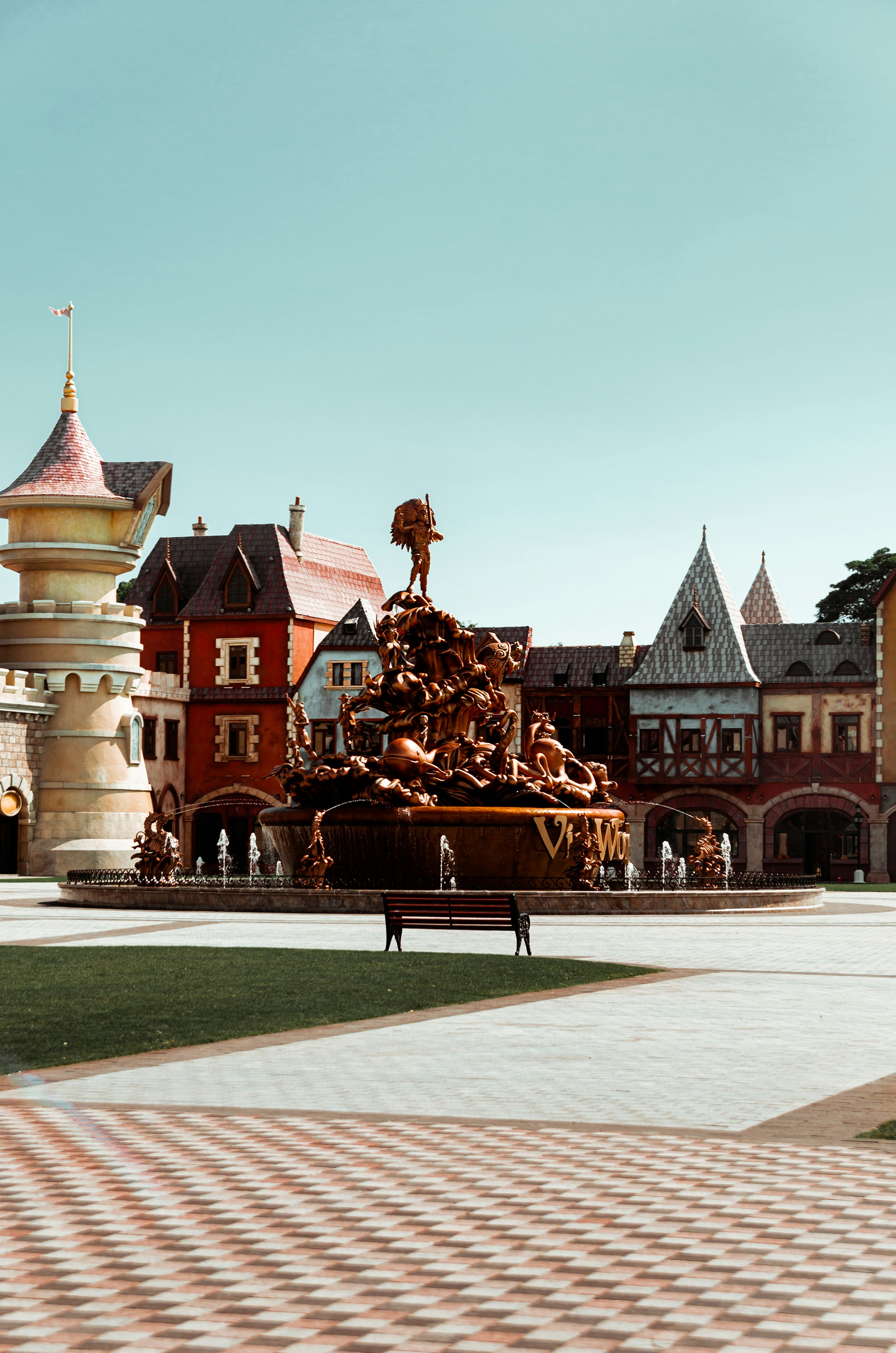 Bronze Cascade at a Colorful European Plaza