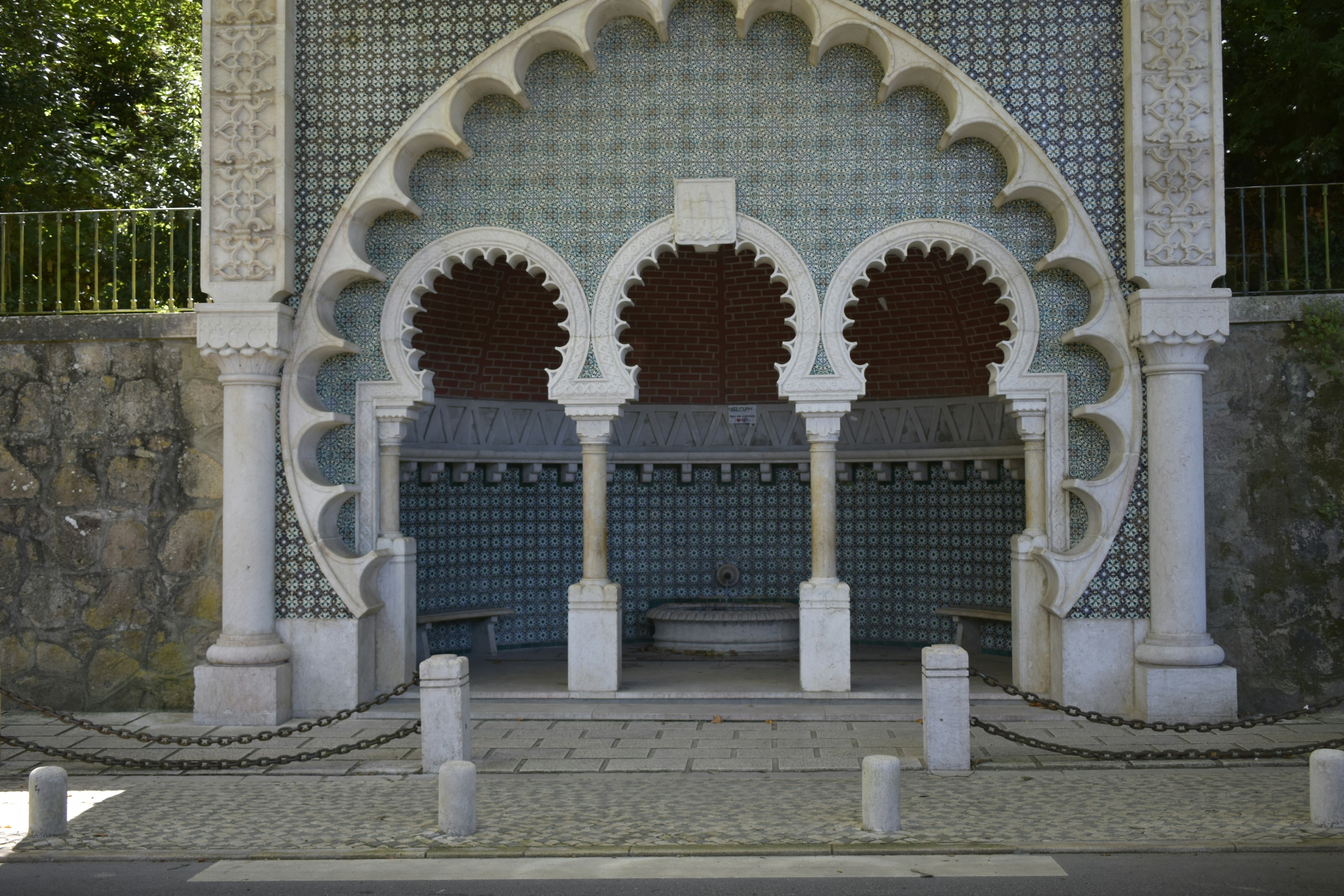 Arched Mosaic Fountain Gatehouse Framed by Carved Marble Carvings