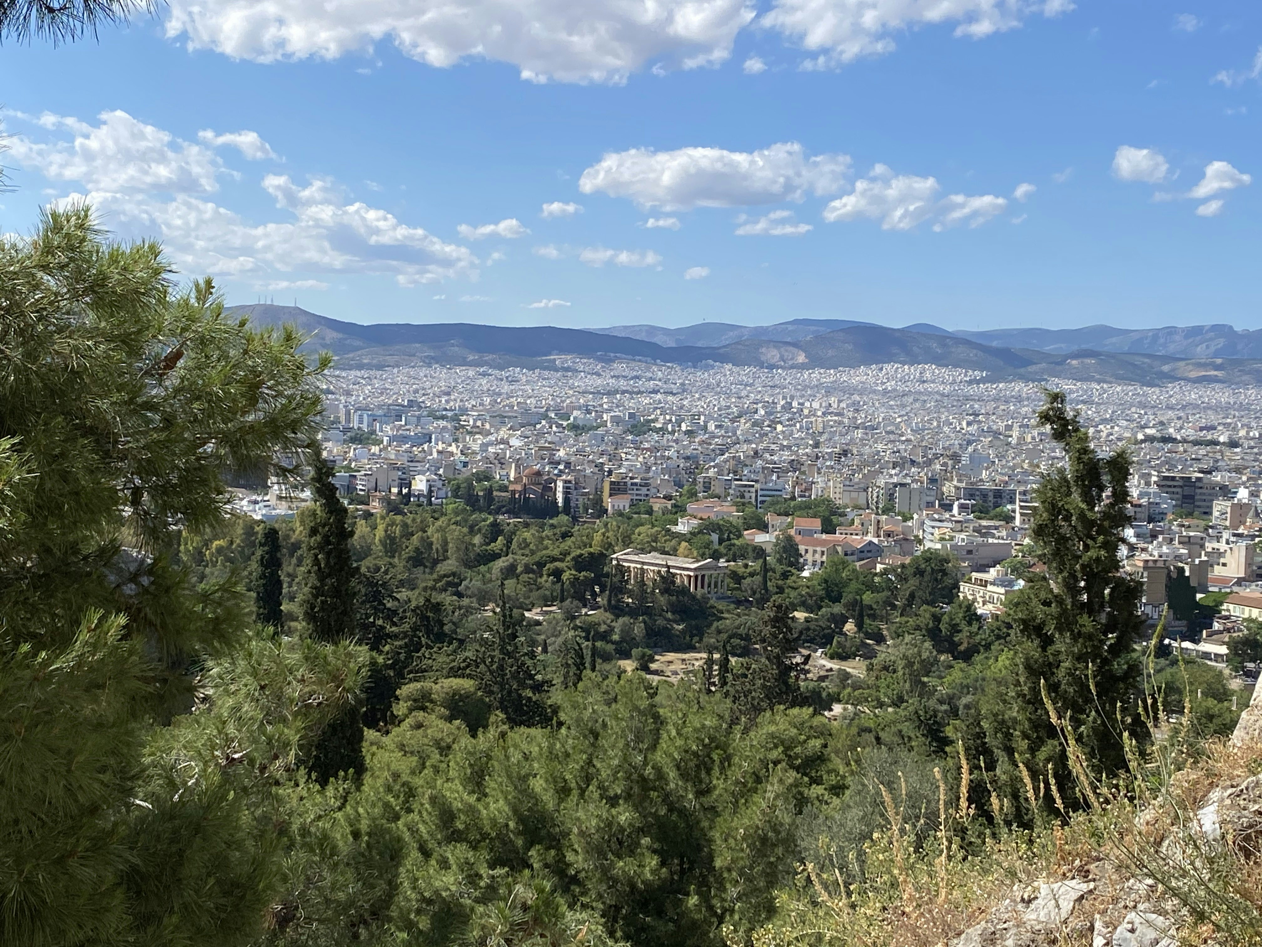 Vast cityscape of Athens framed by lush greenery, showcasing a blend of urban architecture and nature. The scene captures the essence of a vibrant metropolis.