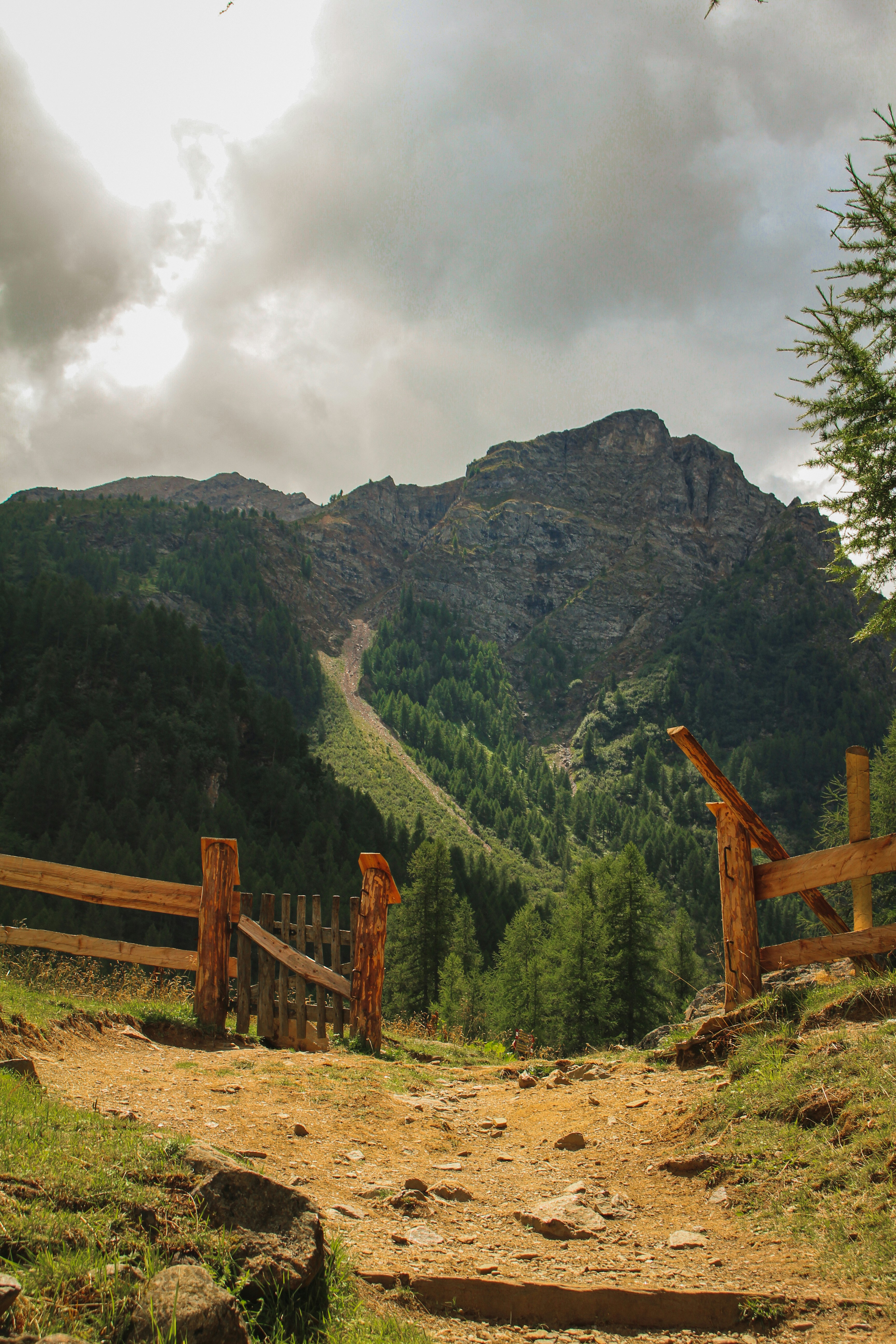 Trail to the Silent Summit: Weathered Rails Framing a Mountain Ridge