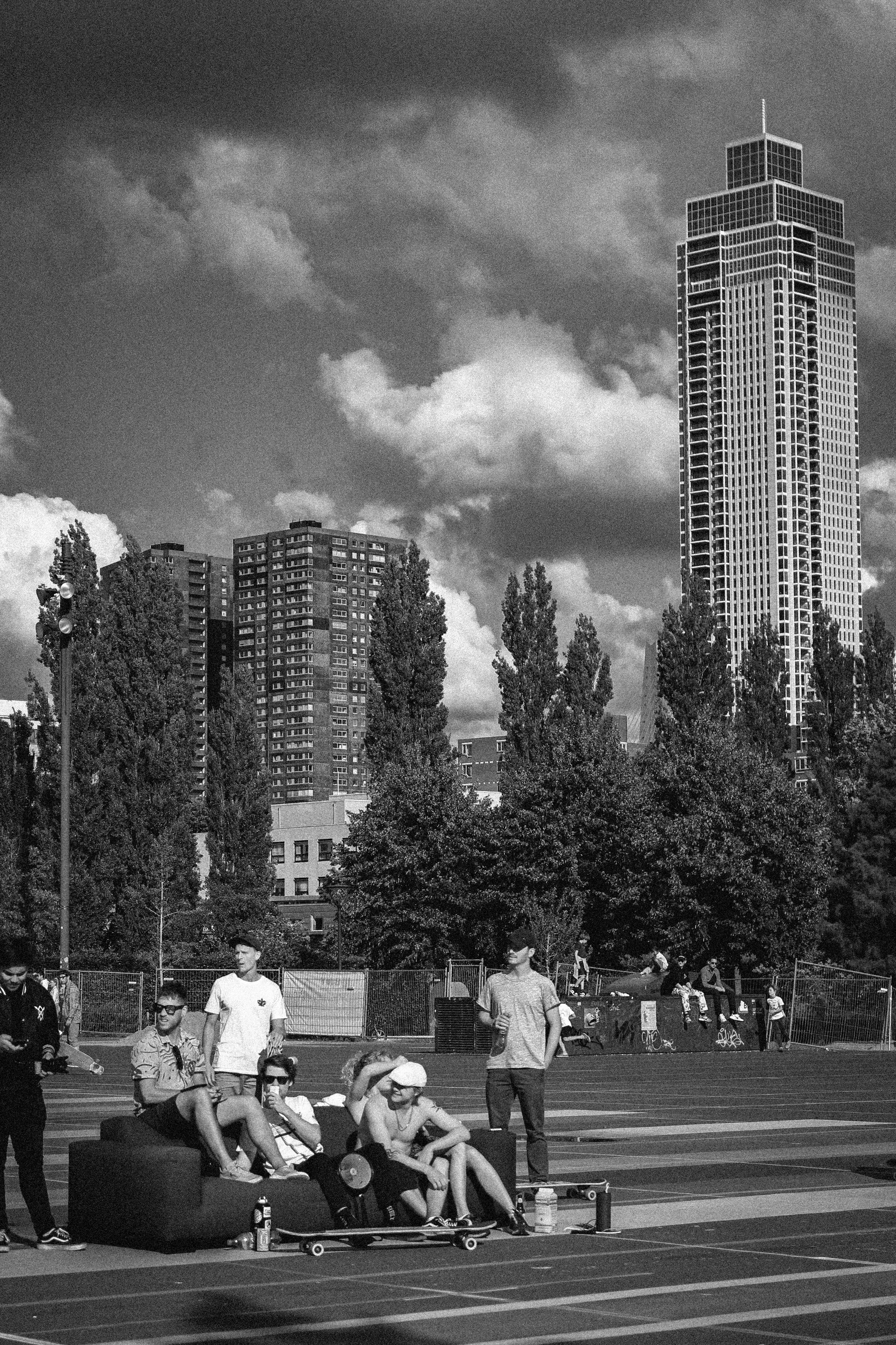 Urban Skatepark Portrait under a Tall Skyline