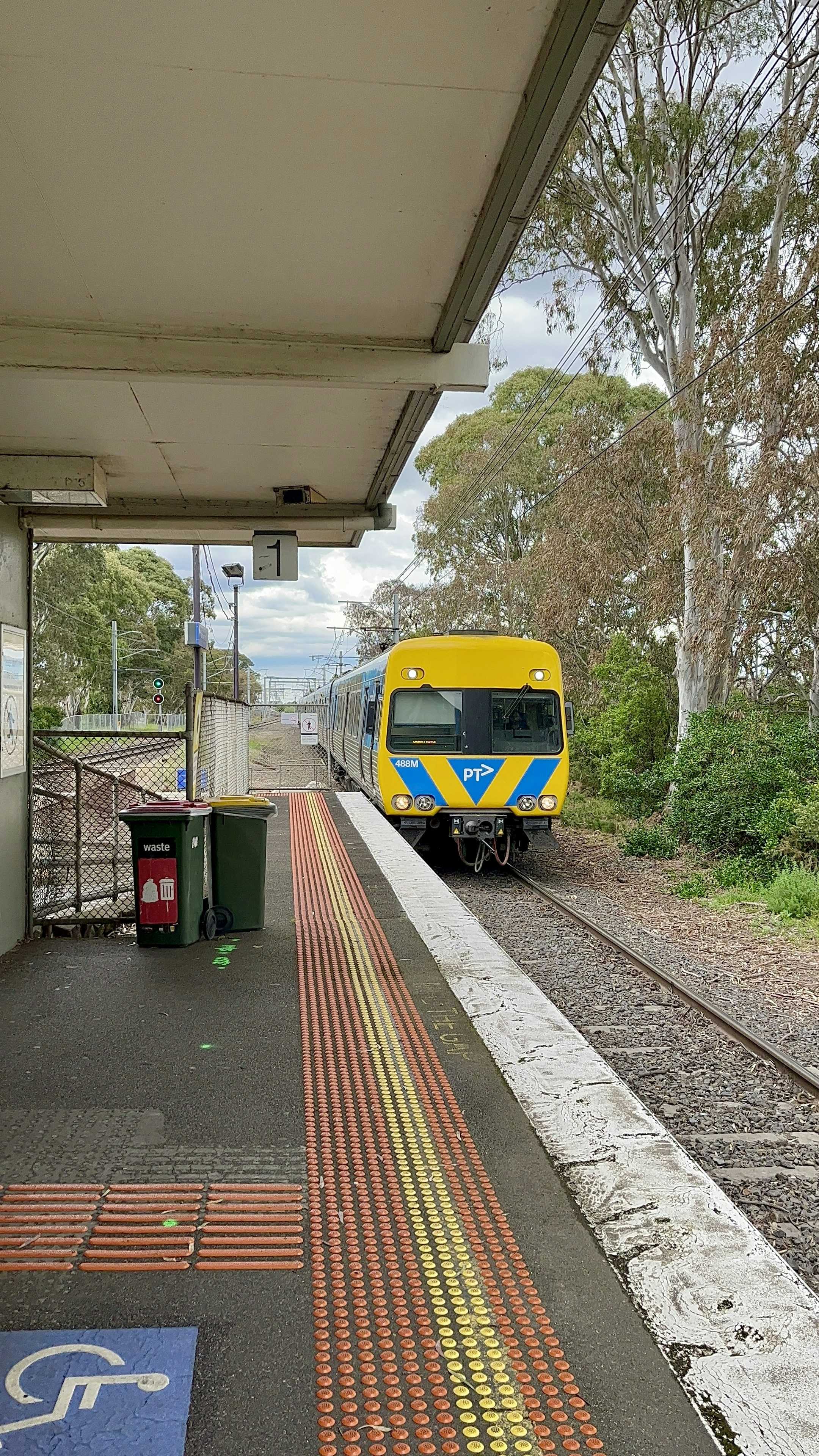Approaching Yellow-Blue PT Train at a Quiet Riverside Platform
