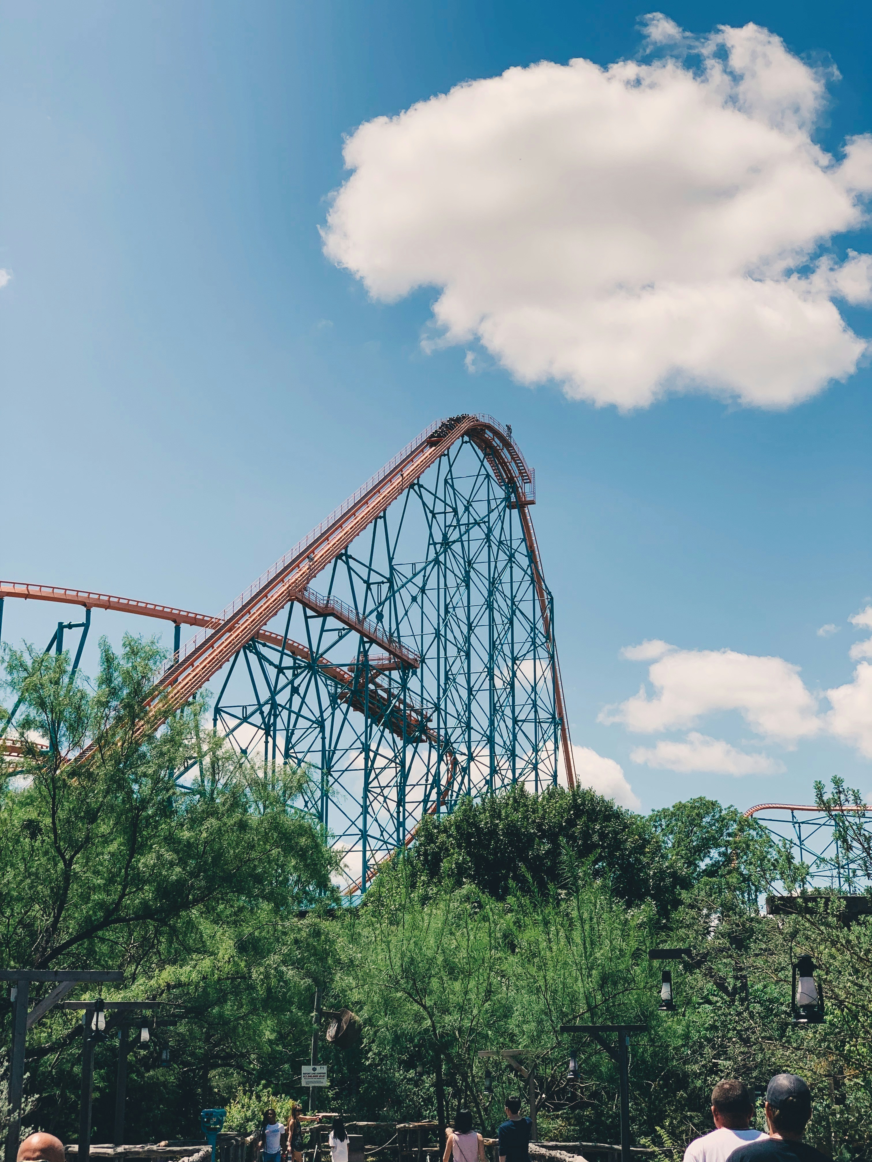 A roller coaster with trees and people below photo – Free Coaster Image ...
