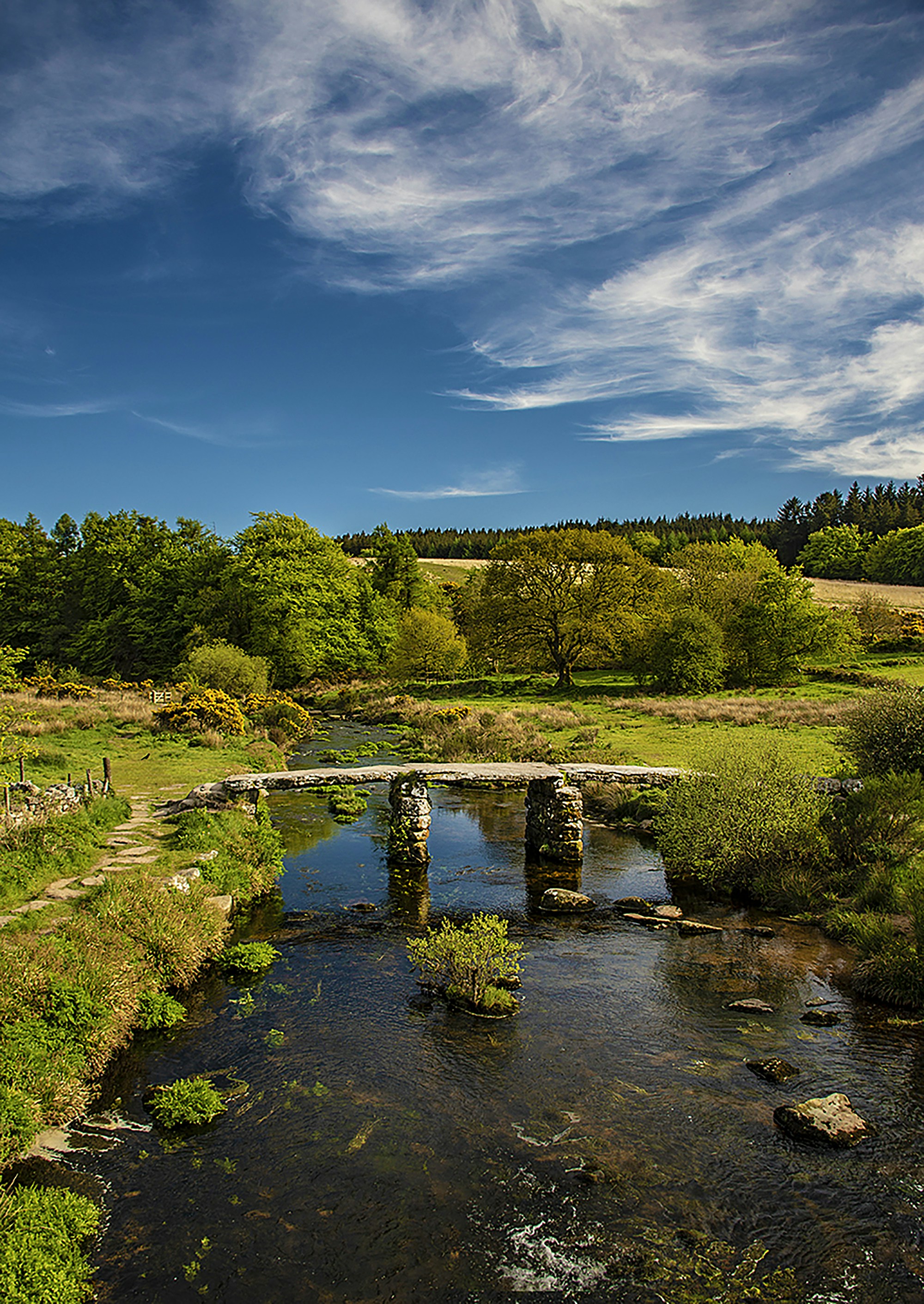 a small river with a bridge