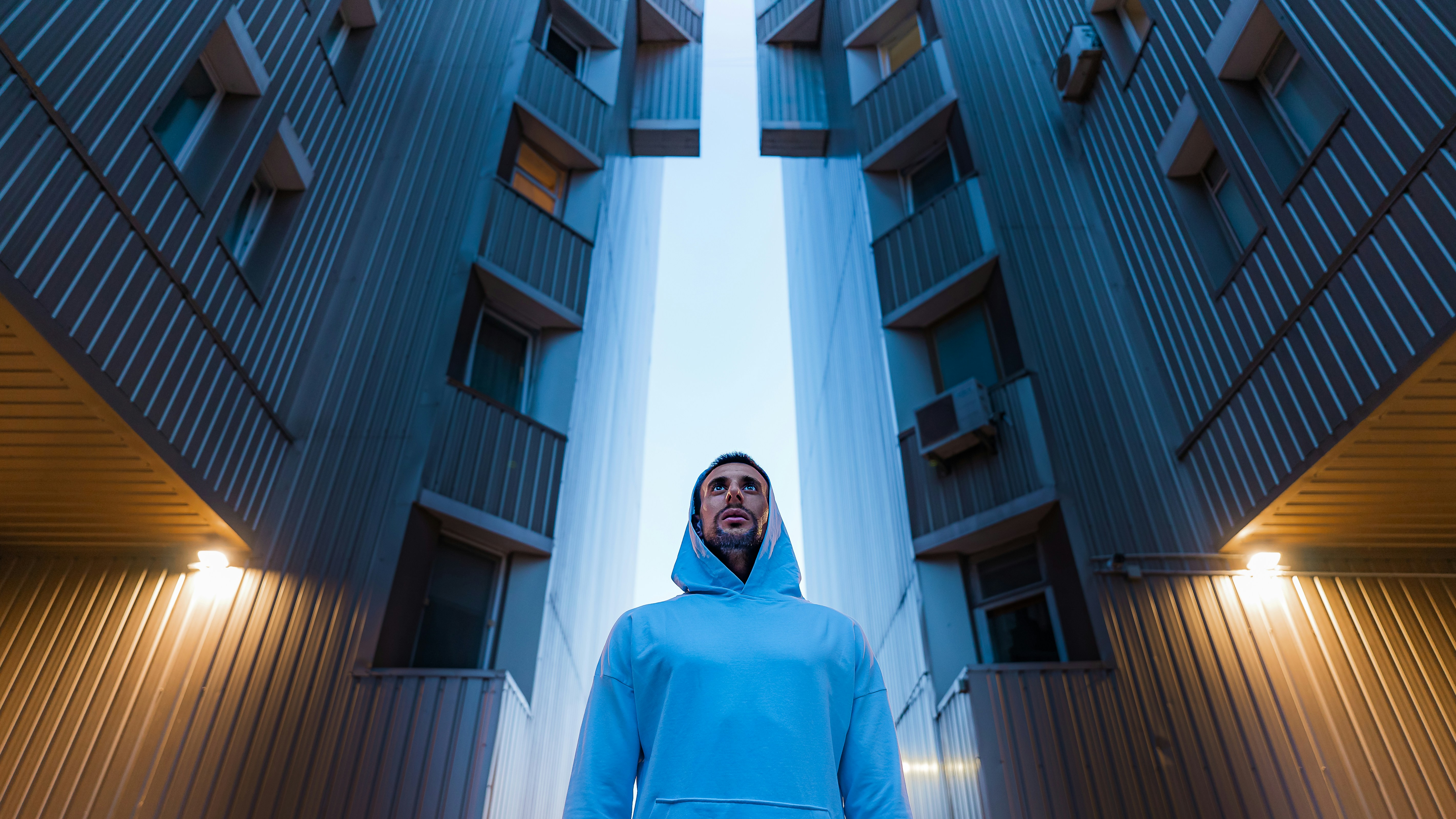 Blue Hooded Gaze Between Narrow Steel Canyons