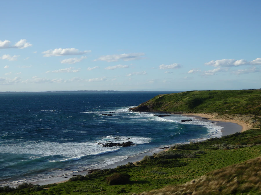 A sweeping view of a rugged green coastline curving around a sandy cove beside deep blue water and a bright sky with scattered clouds.