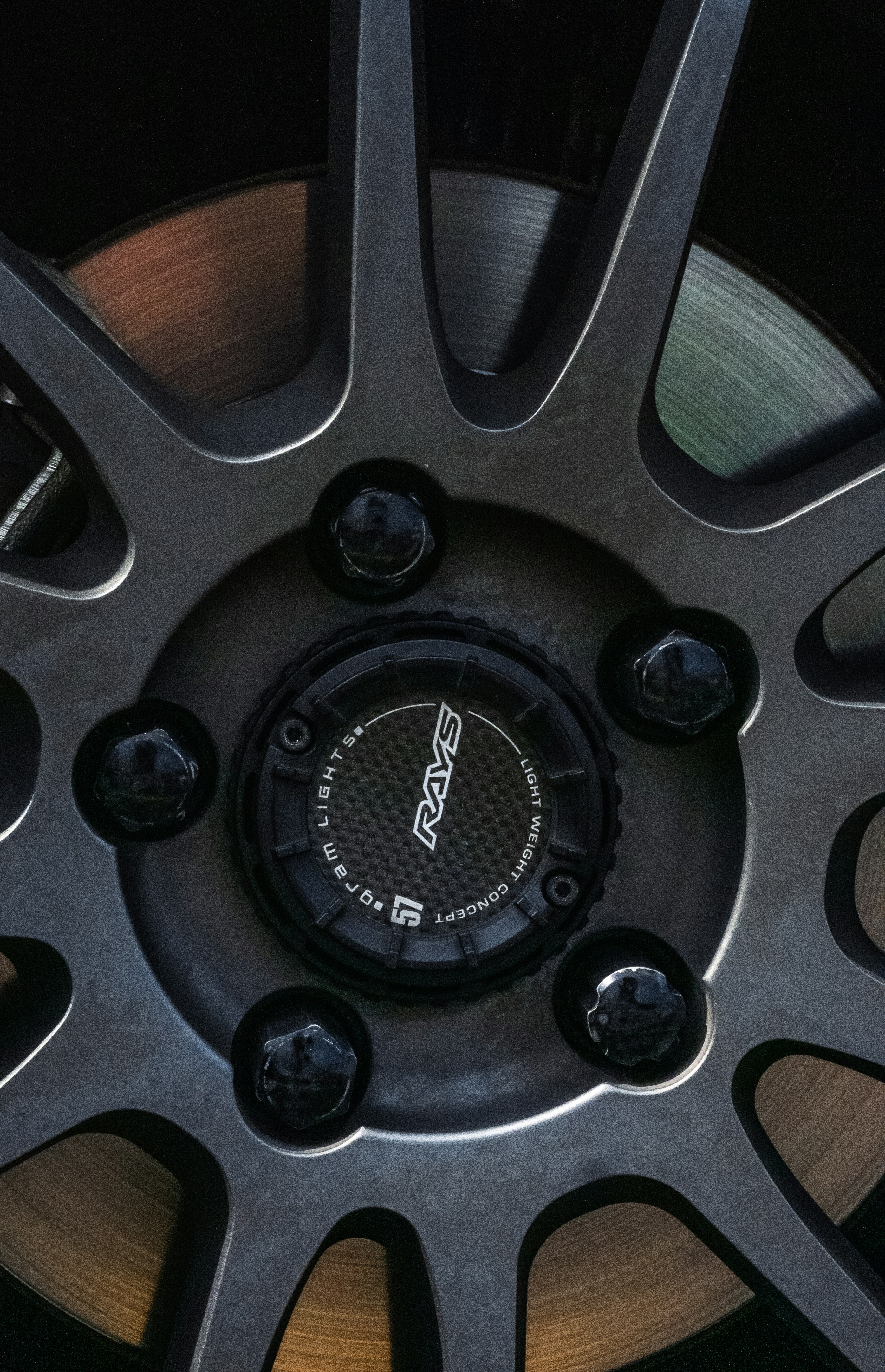 Center-Cap Focus: RAYS alloy wheel and copper-bronze rotor in tight macro