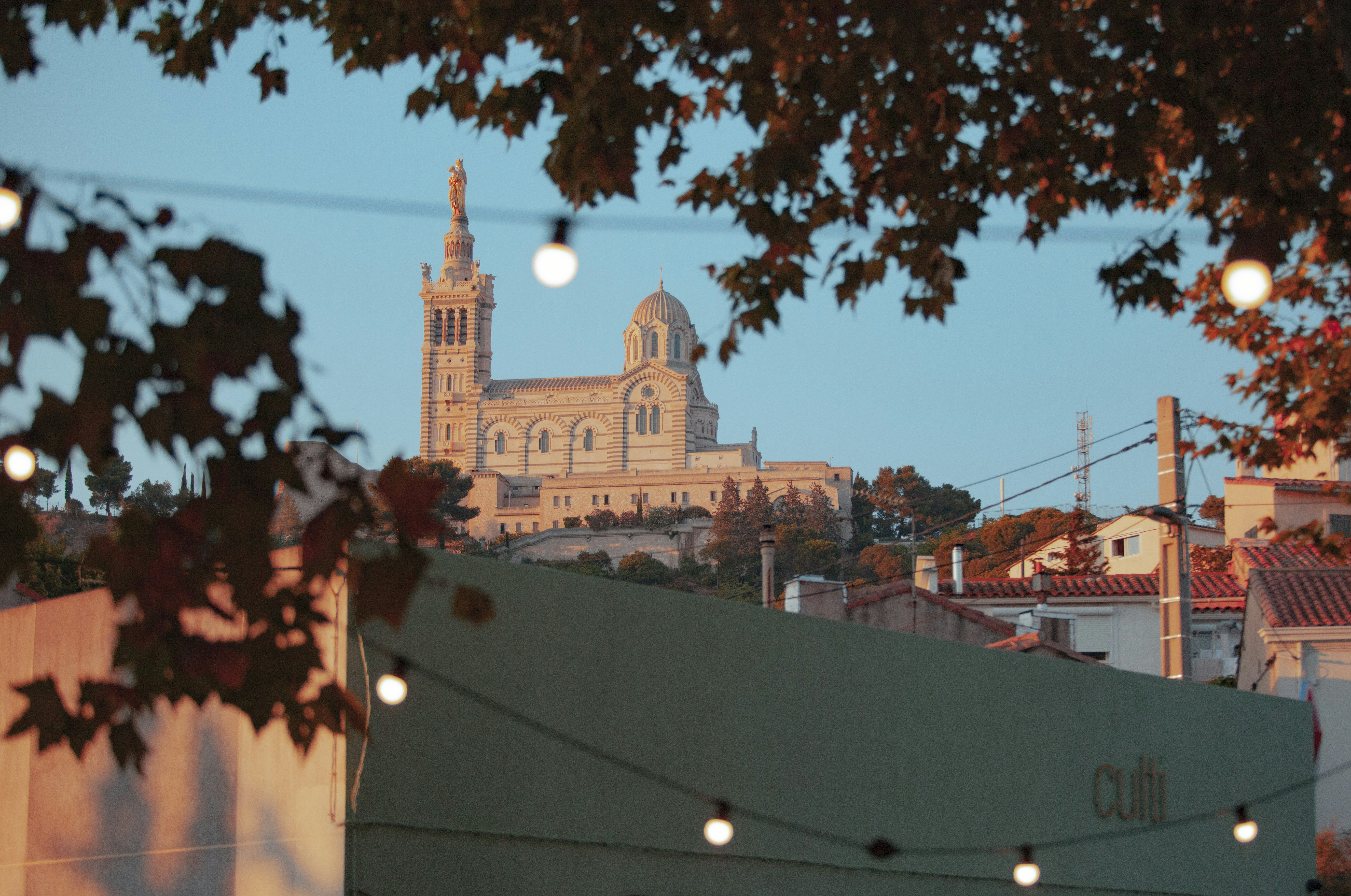 Basilica silhouetted against twilight sky with foreground string lights under tree canopy.