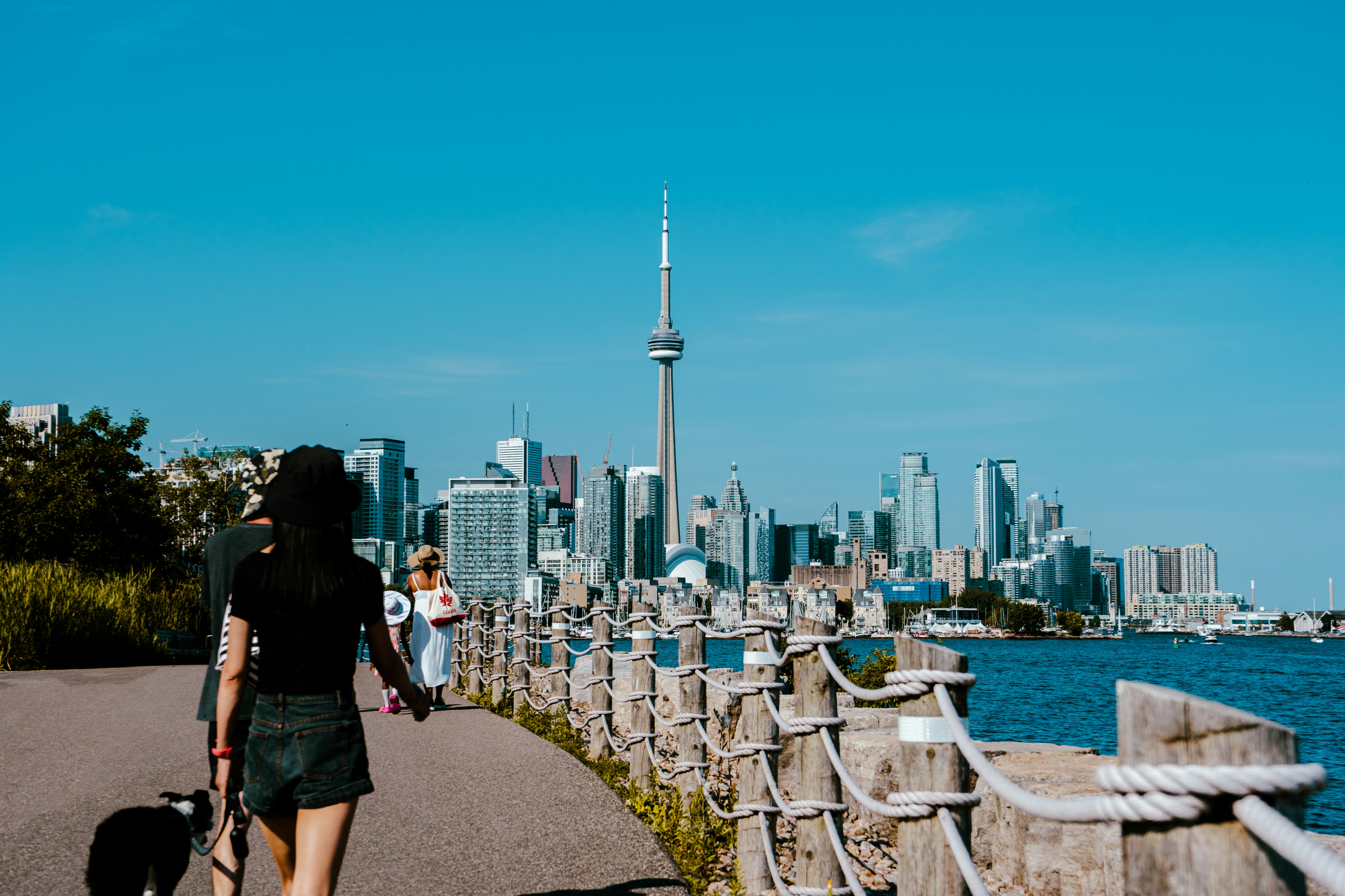 Foto Una persona paseando a un perro por un sendero junto a un cuerpo ...
