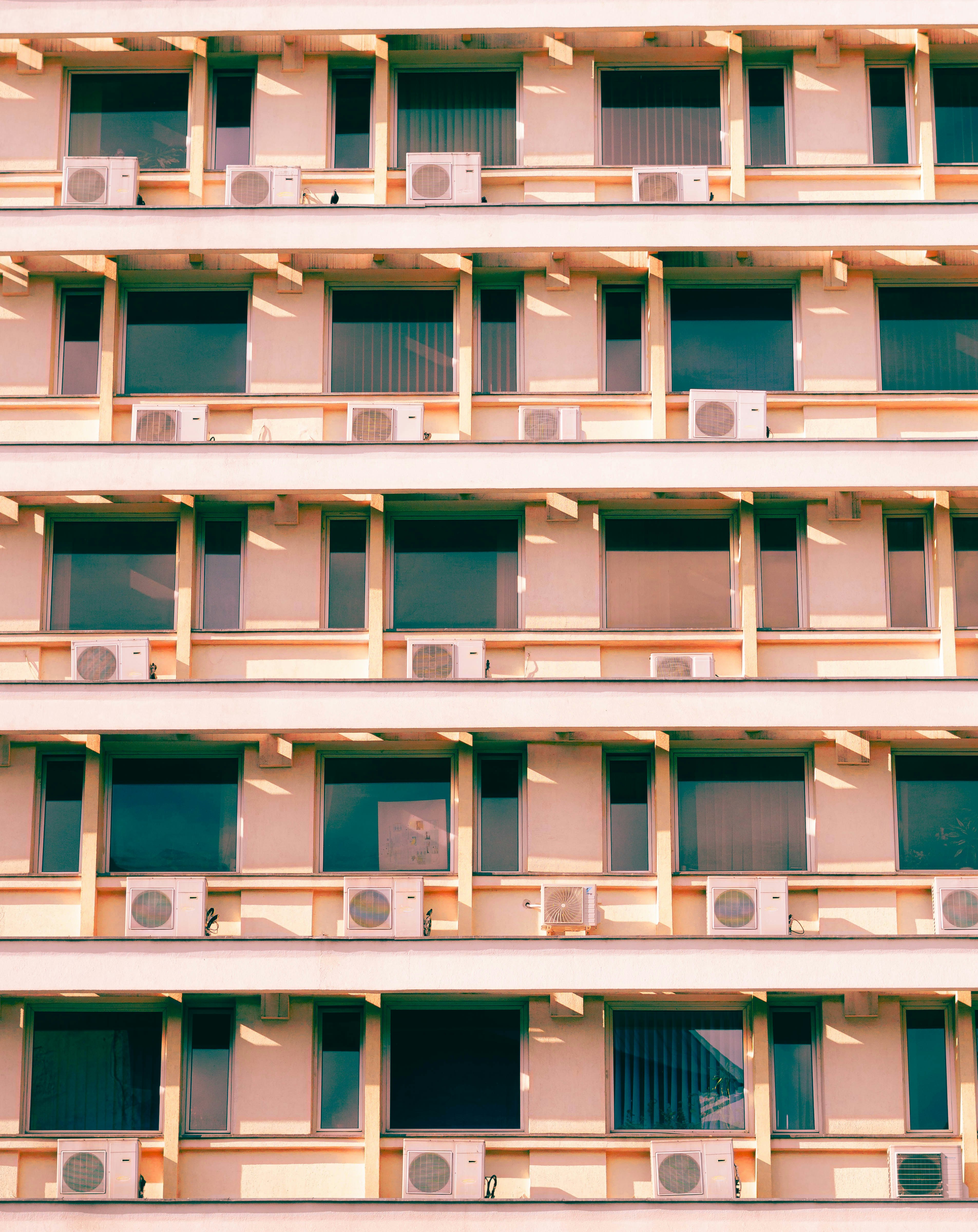 Sunlit Gridwork: Repetition and Warm Geometry on a City Facade