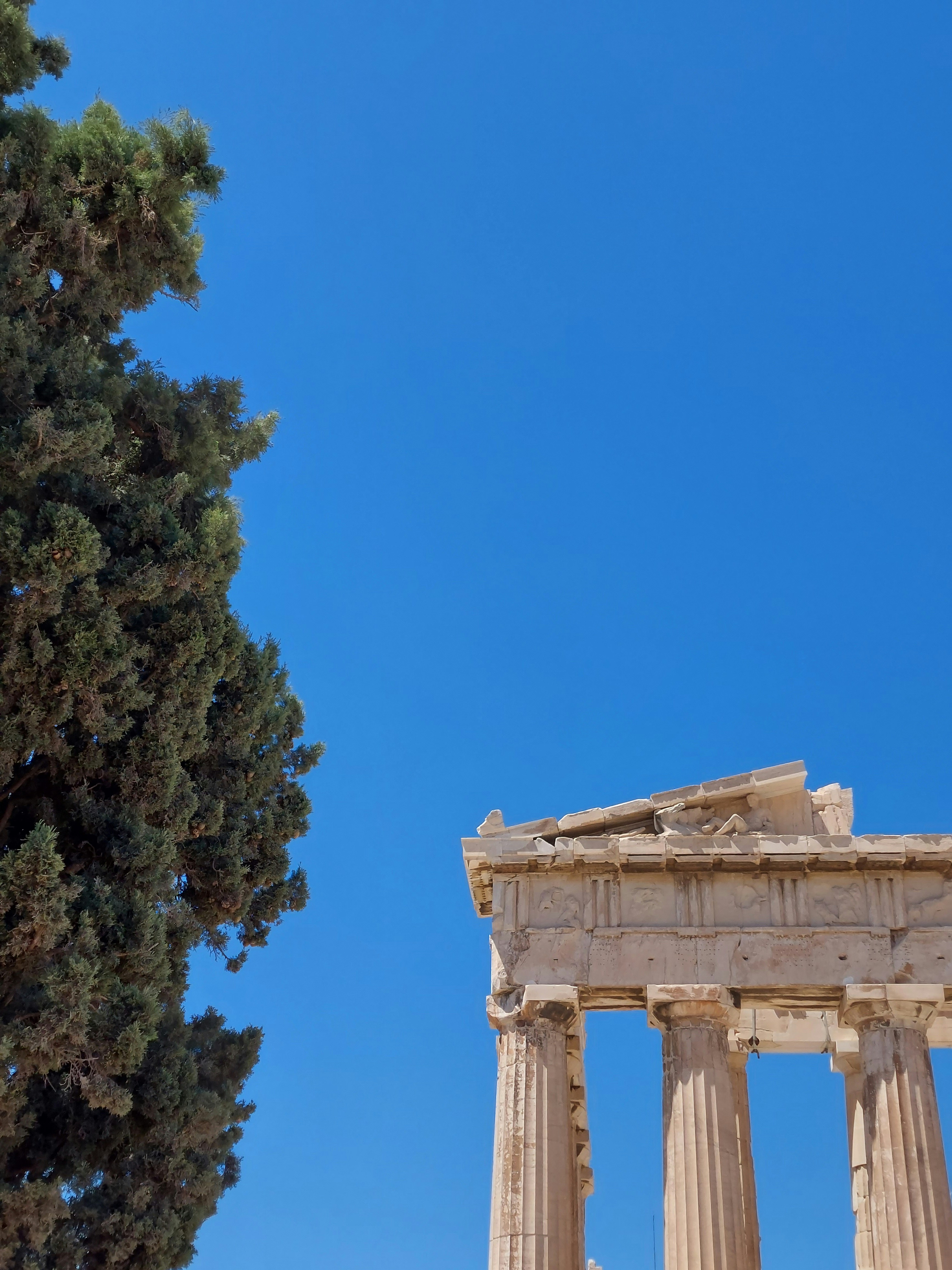 Fragment of a classical structure against a clear blue sky, framed by lush greenery.