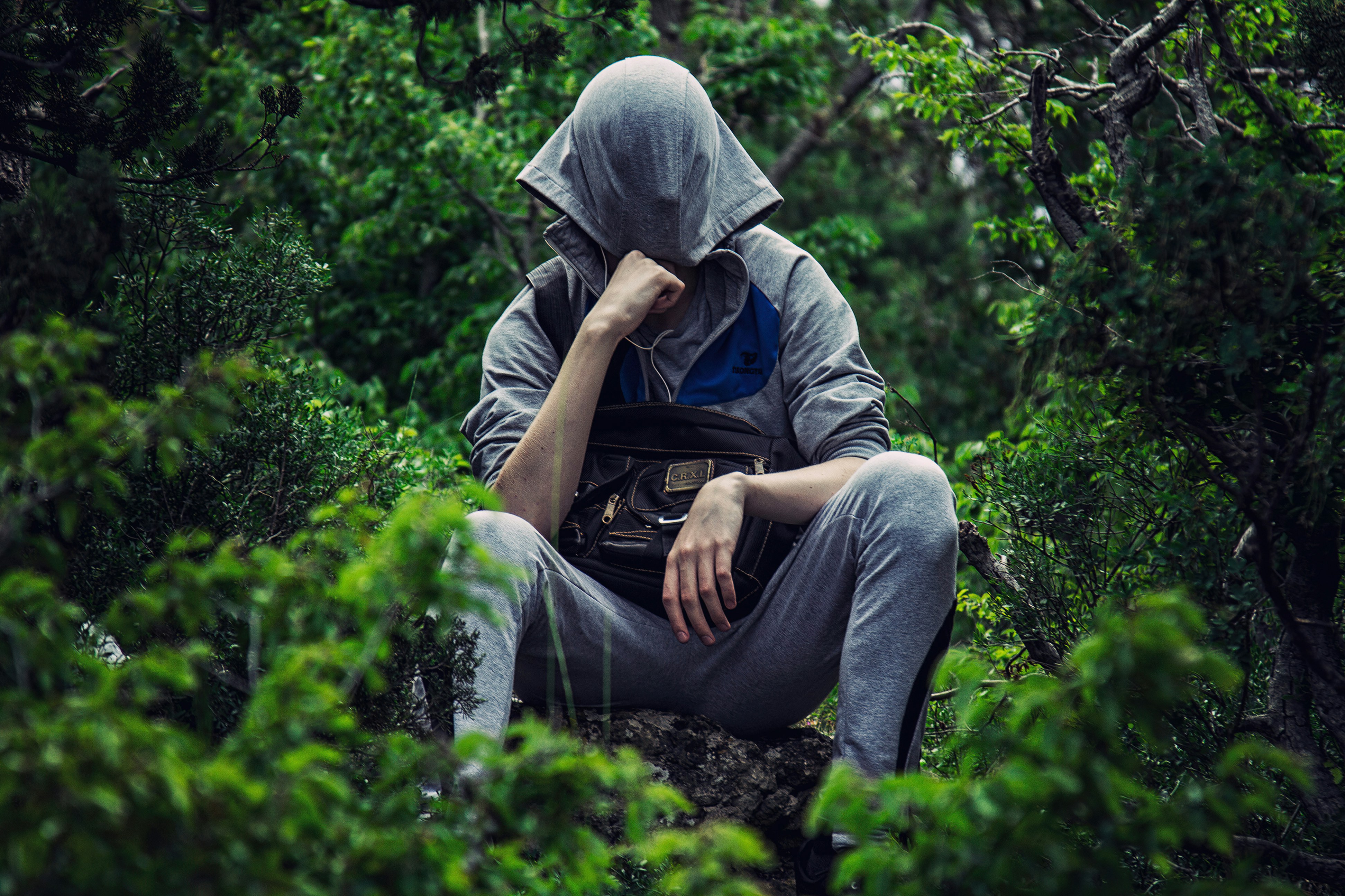A figure in a hooded sweatshirt sits among lush greenery, embodying solitude and introspection. The scene captures a moment of quiet reflection amidst nature.