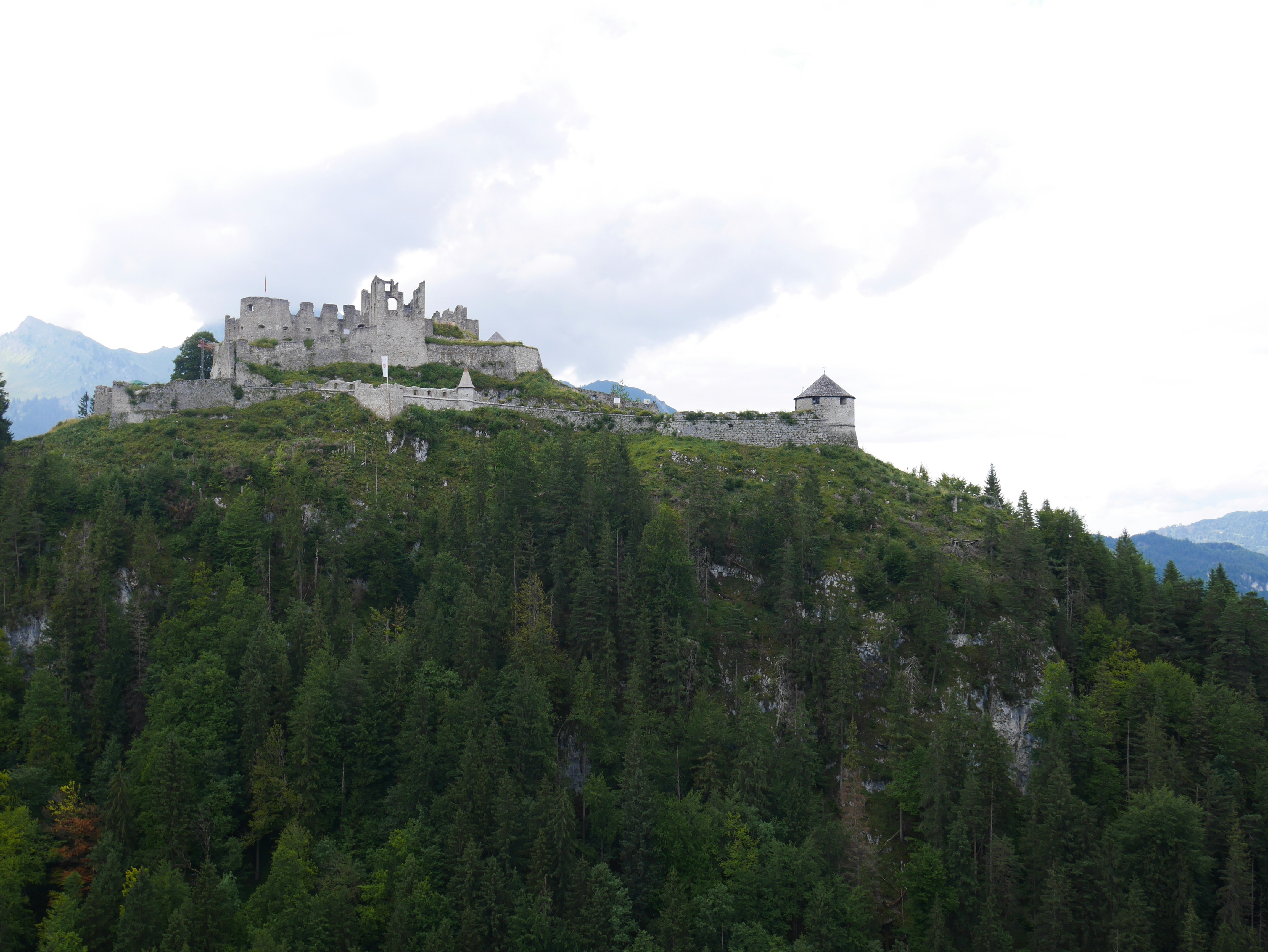 Ancient castle ruins perched atop a verdant hill, surrounded by lush forests and distant mountains under a cloudy sky.