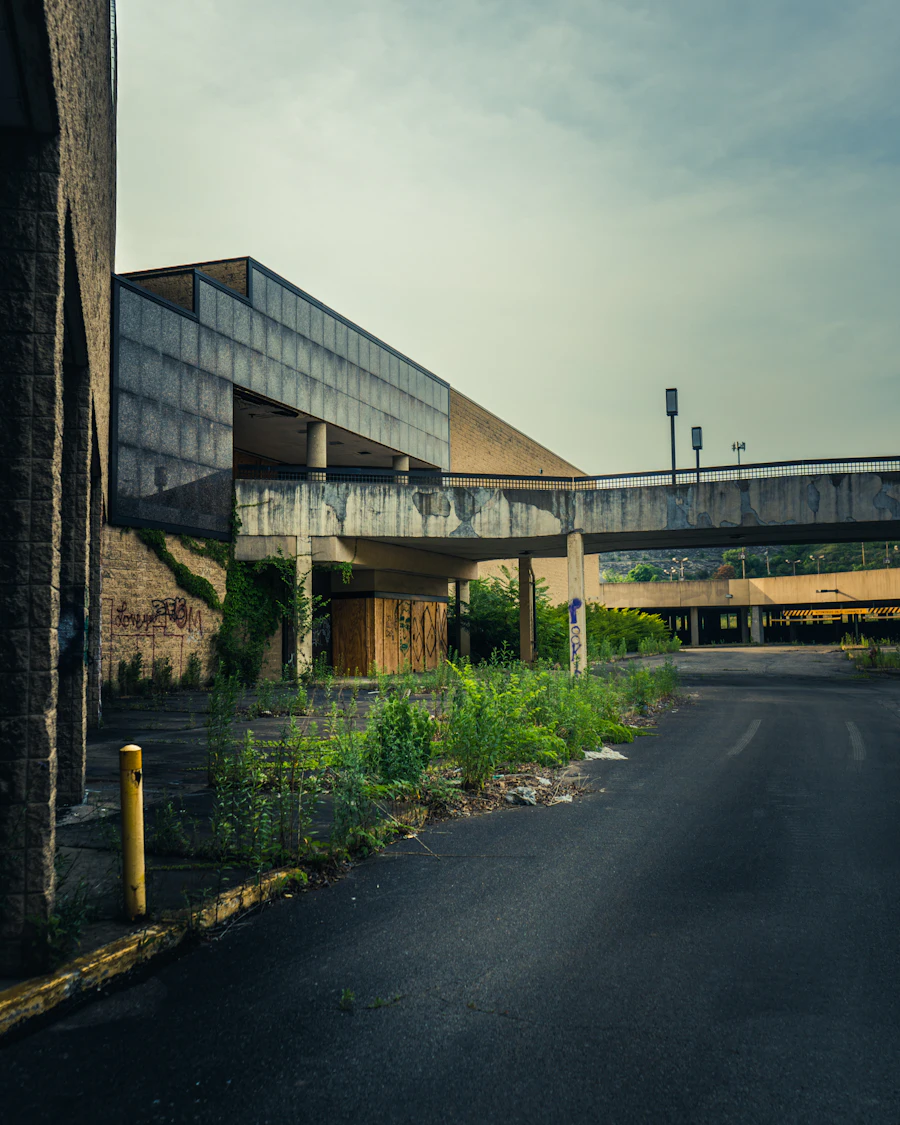 Derelict modern building and elevated walkway beside an overgrown driveway, with weathered concrete, graffiti, and a pale sky overhead.
