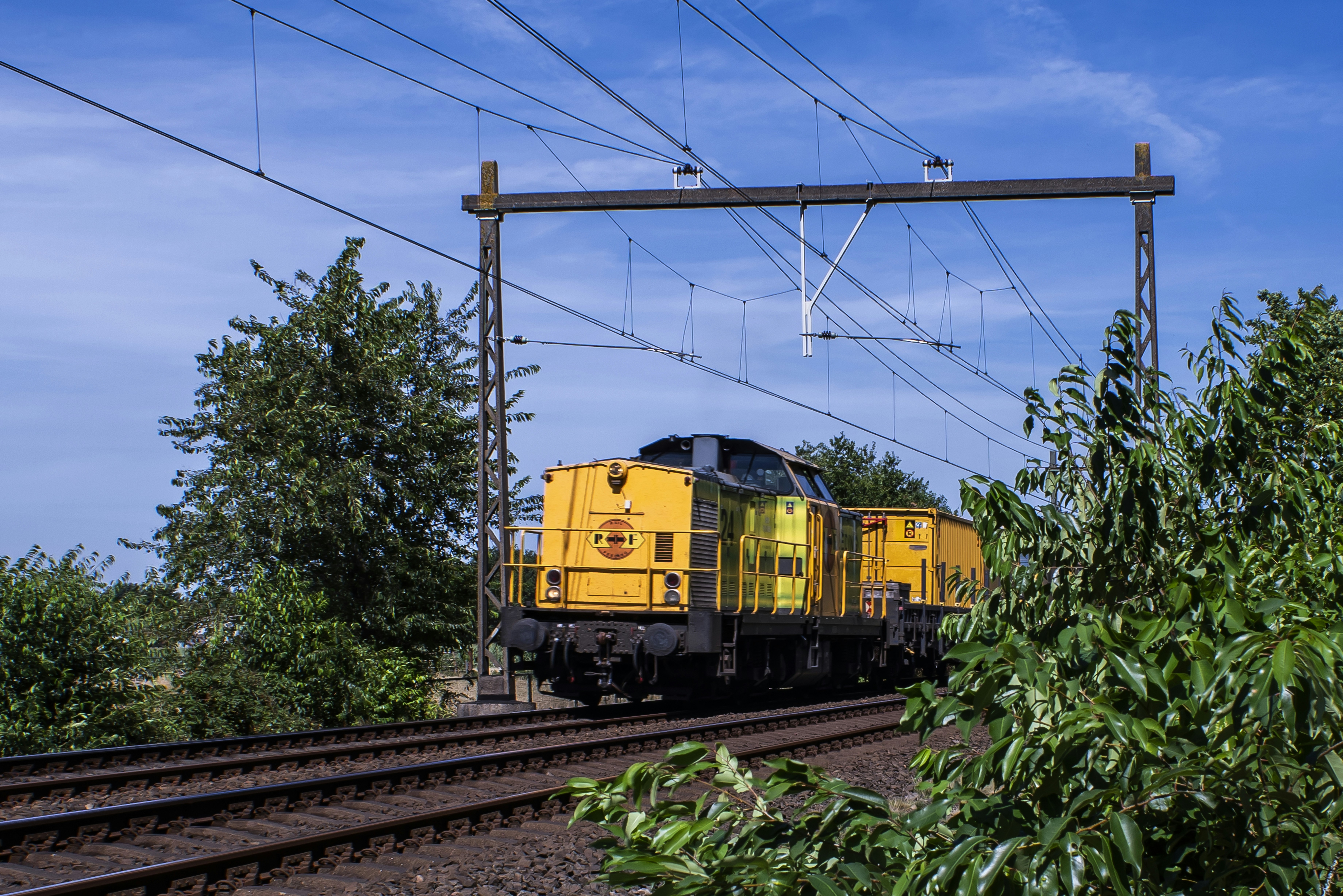 Yellow Locomotive under Wires: A Quiet Railside Portrait