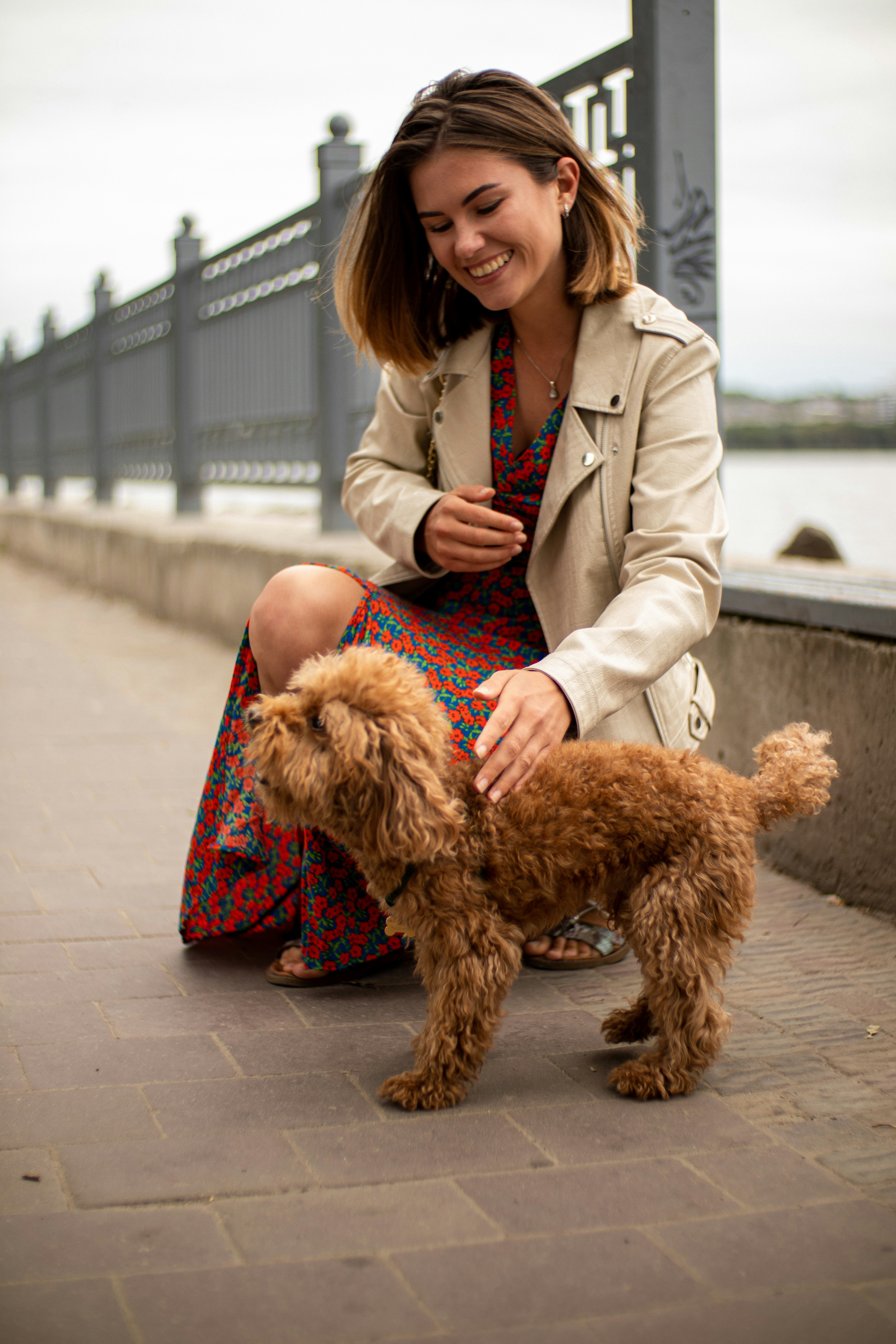 Riverside Whimsy: A Woman and Her Poodle Share a Quiet Moment on the Boardwalk