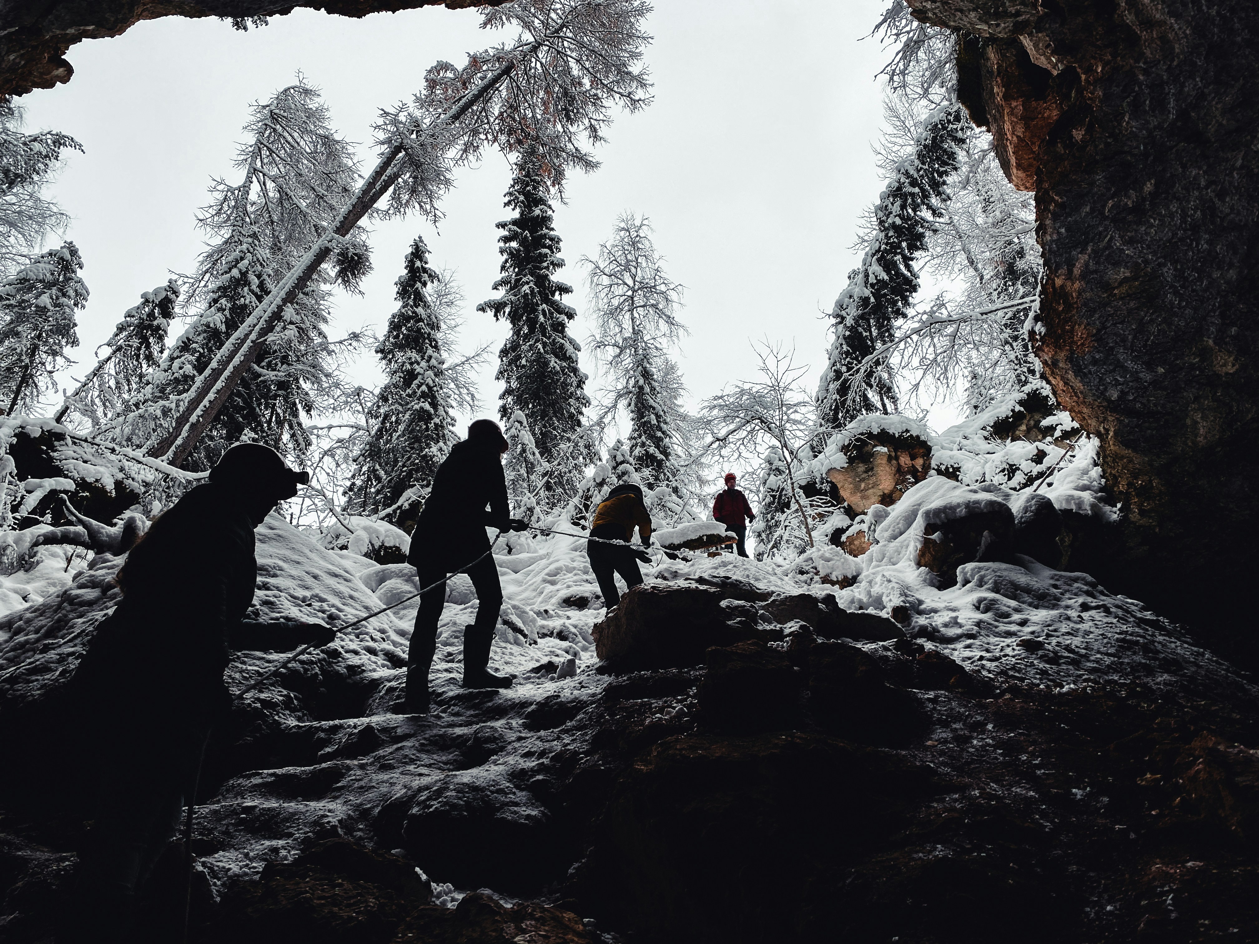 a group of people climbing a mountain