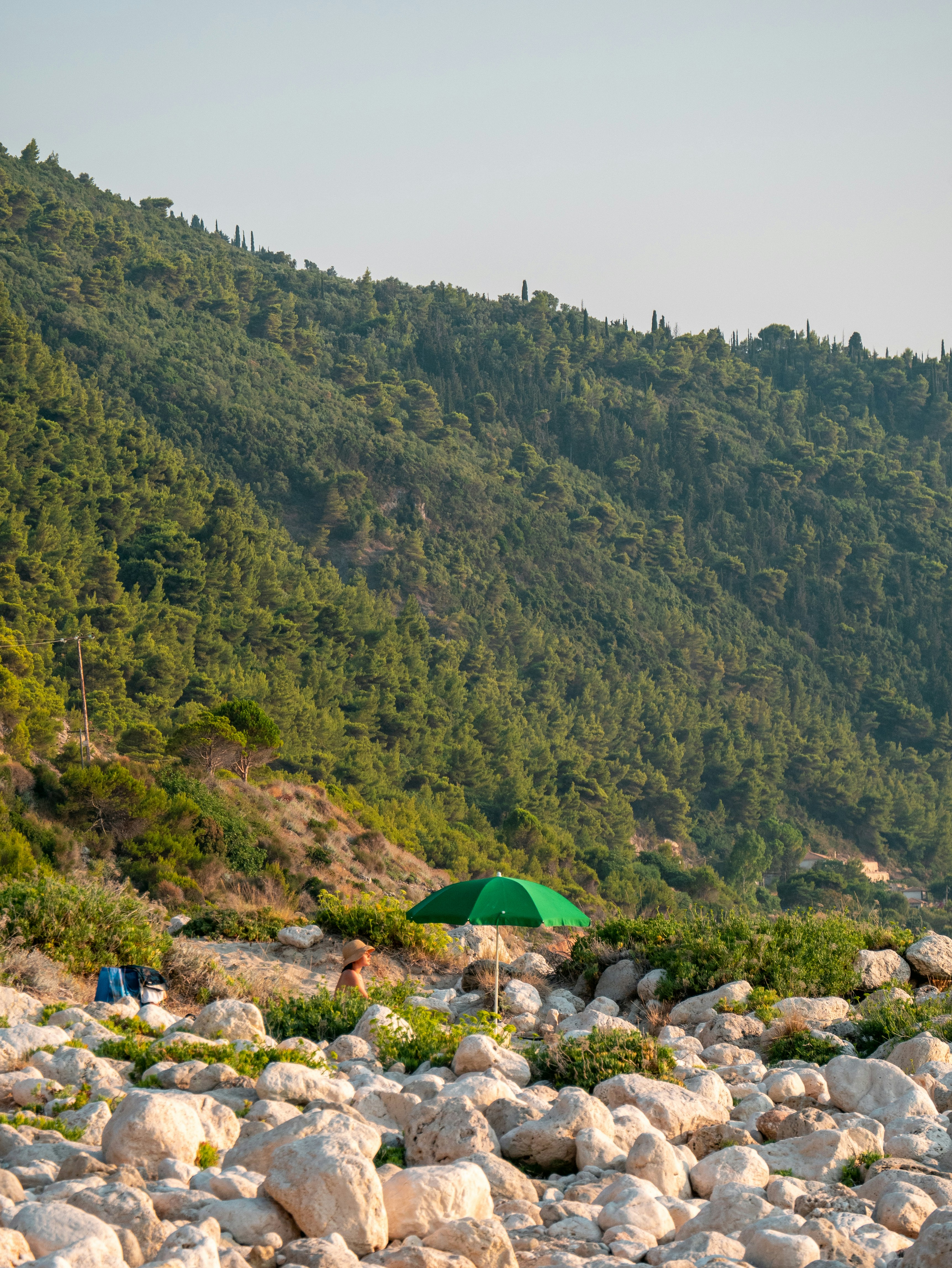 Emerald Umbrella on a Rugged Pebble Beach Before a Verdant Slope