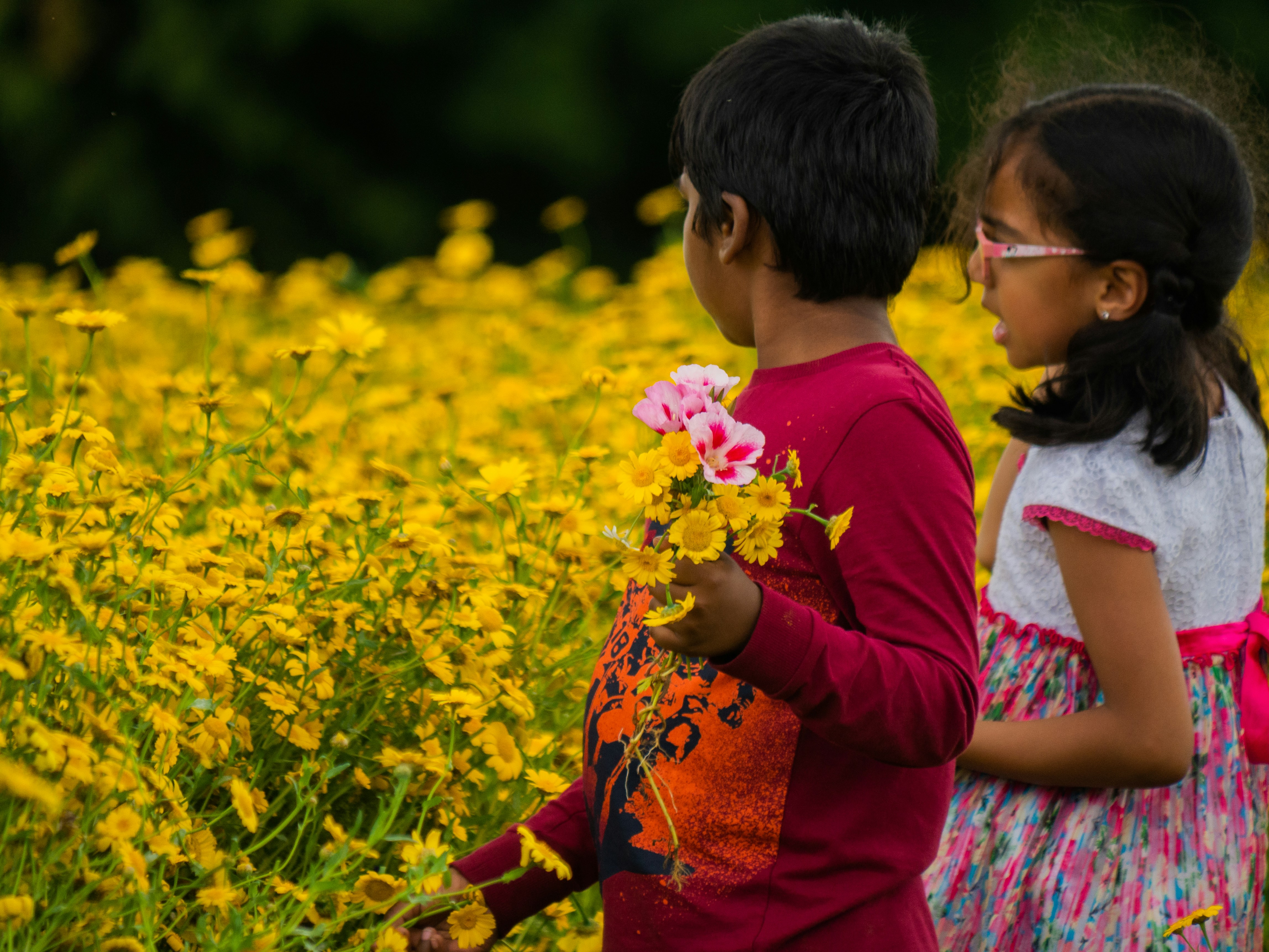 Two children exploring a vibrant field of yellow flowers, one holding a bouquet while the other gazes in wonder.