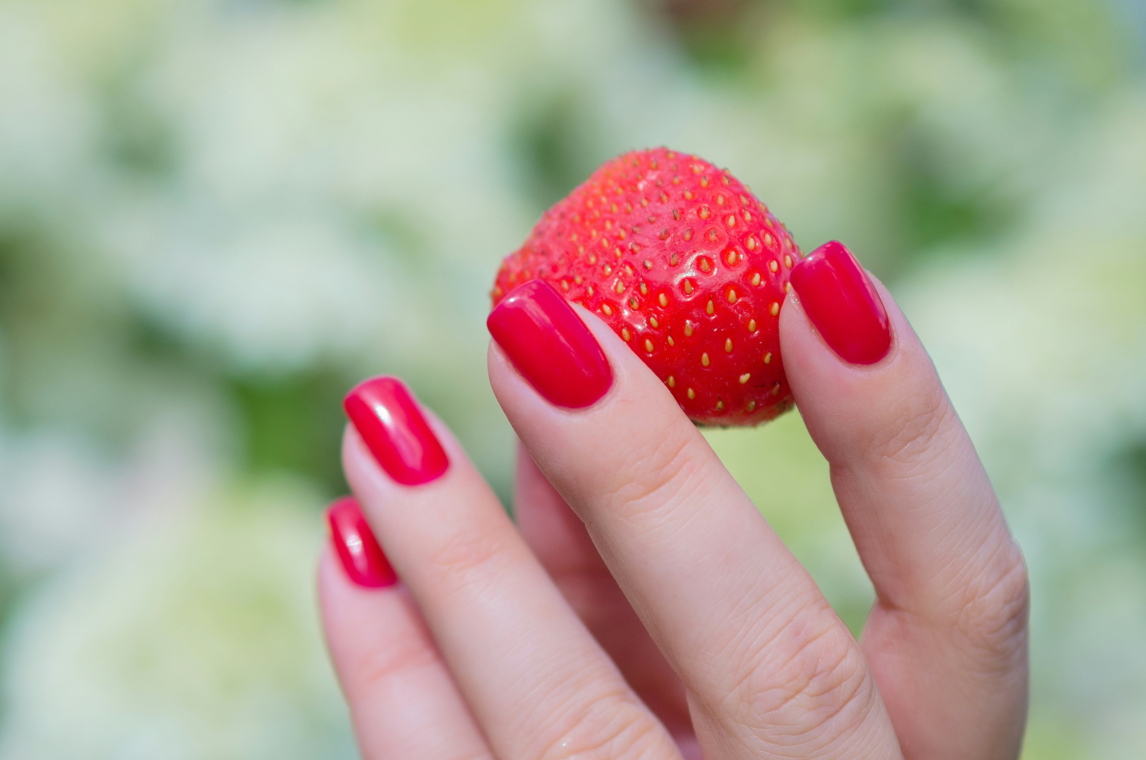 Crimson Bite: Strawberry Pinched Between Ruby Fingertips Amid Soft Green Blur