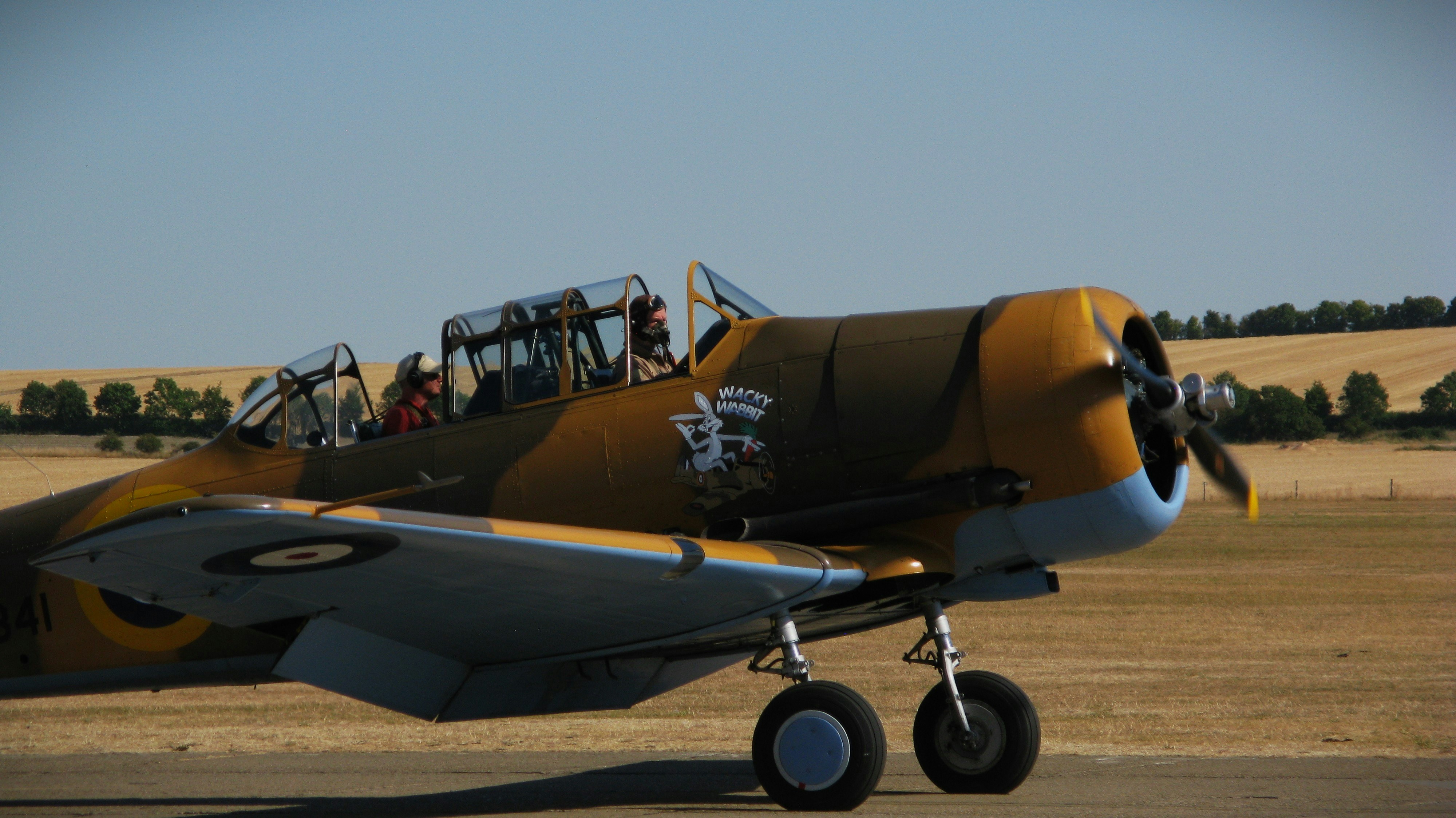 A classic training aircraft taxis on a sunlit airstrip, showcasing its historical design and vibrant colors.