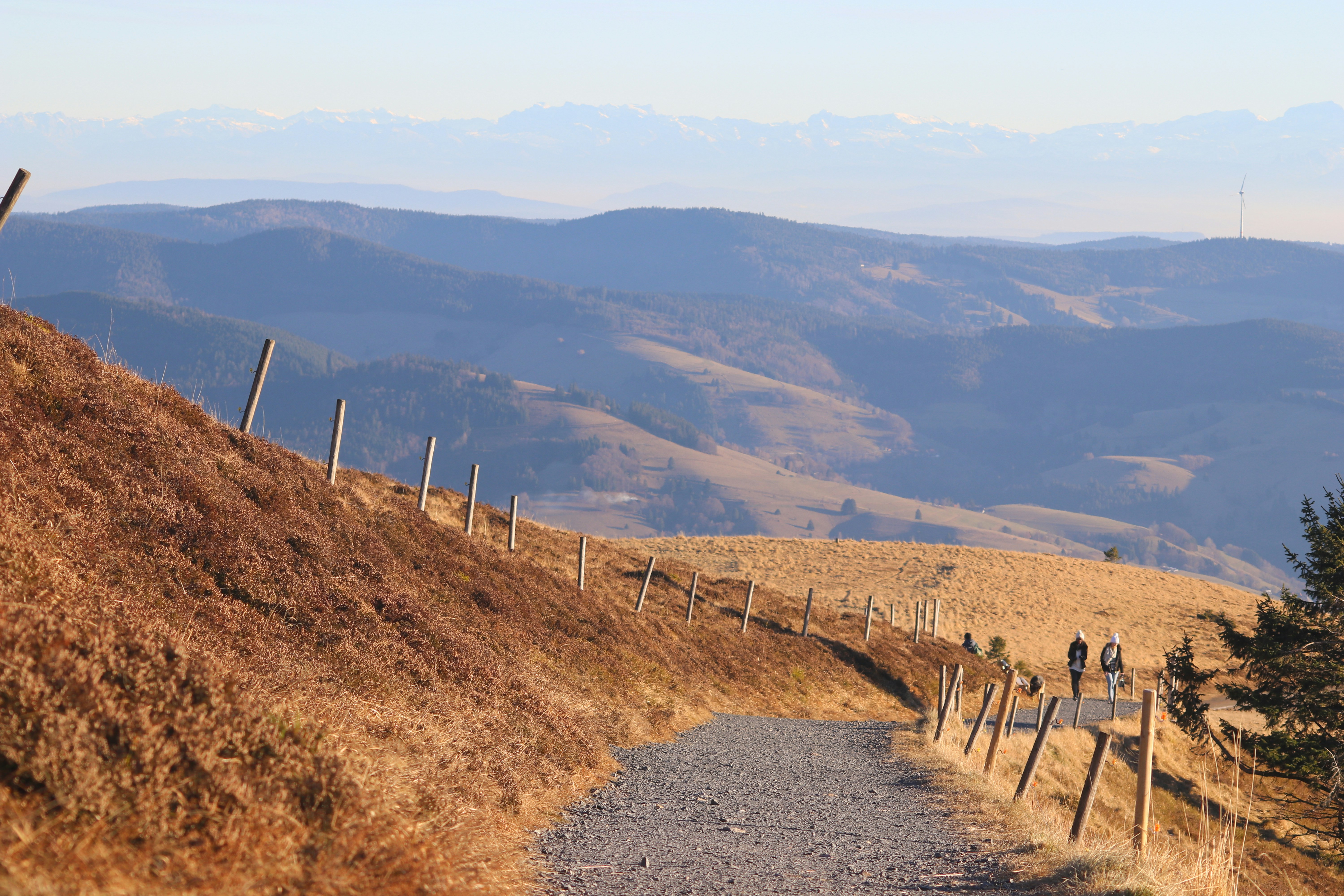 A group of people walking on a trail in a hilly landscape photo – Free ...