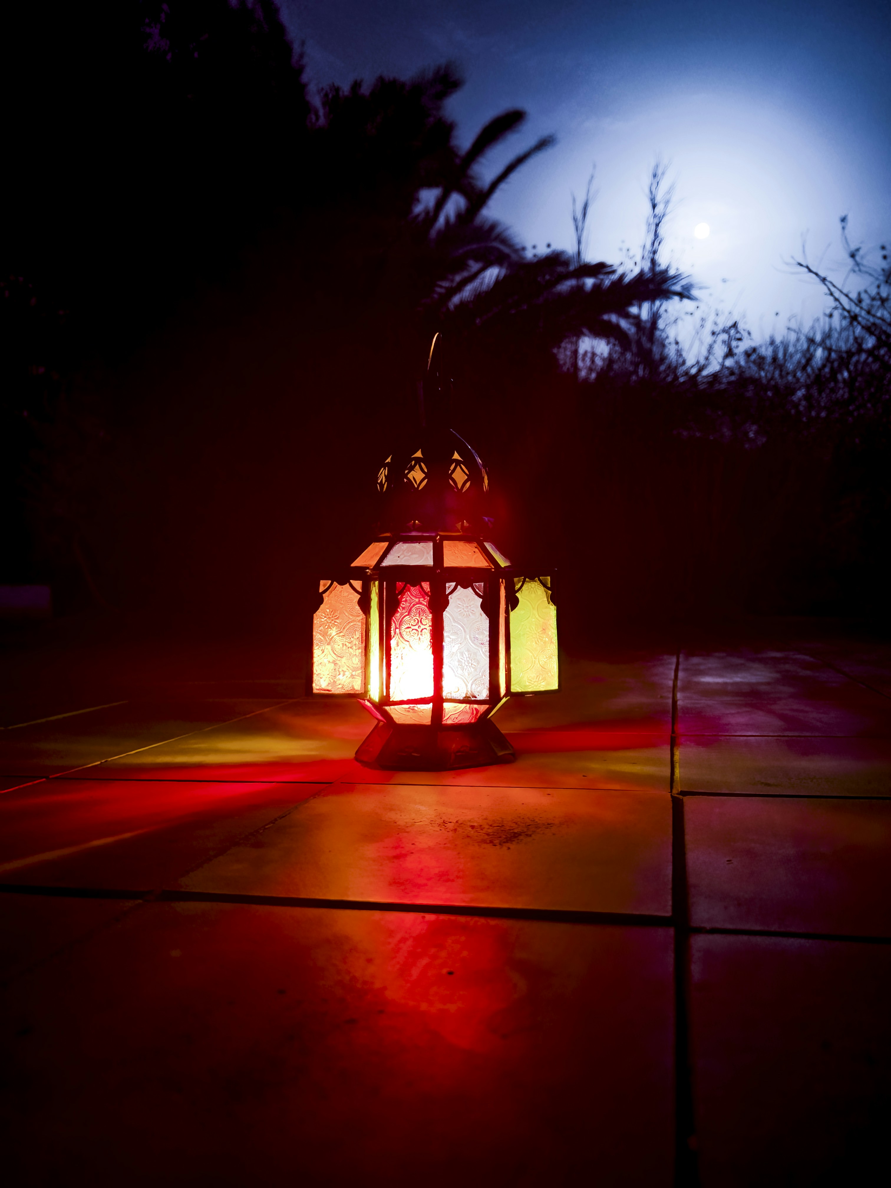 Crimson Lantern on a Moonlit Tile: Echoes of Red on a Quiet Patio