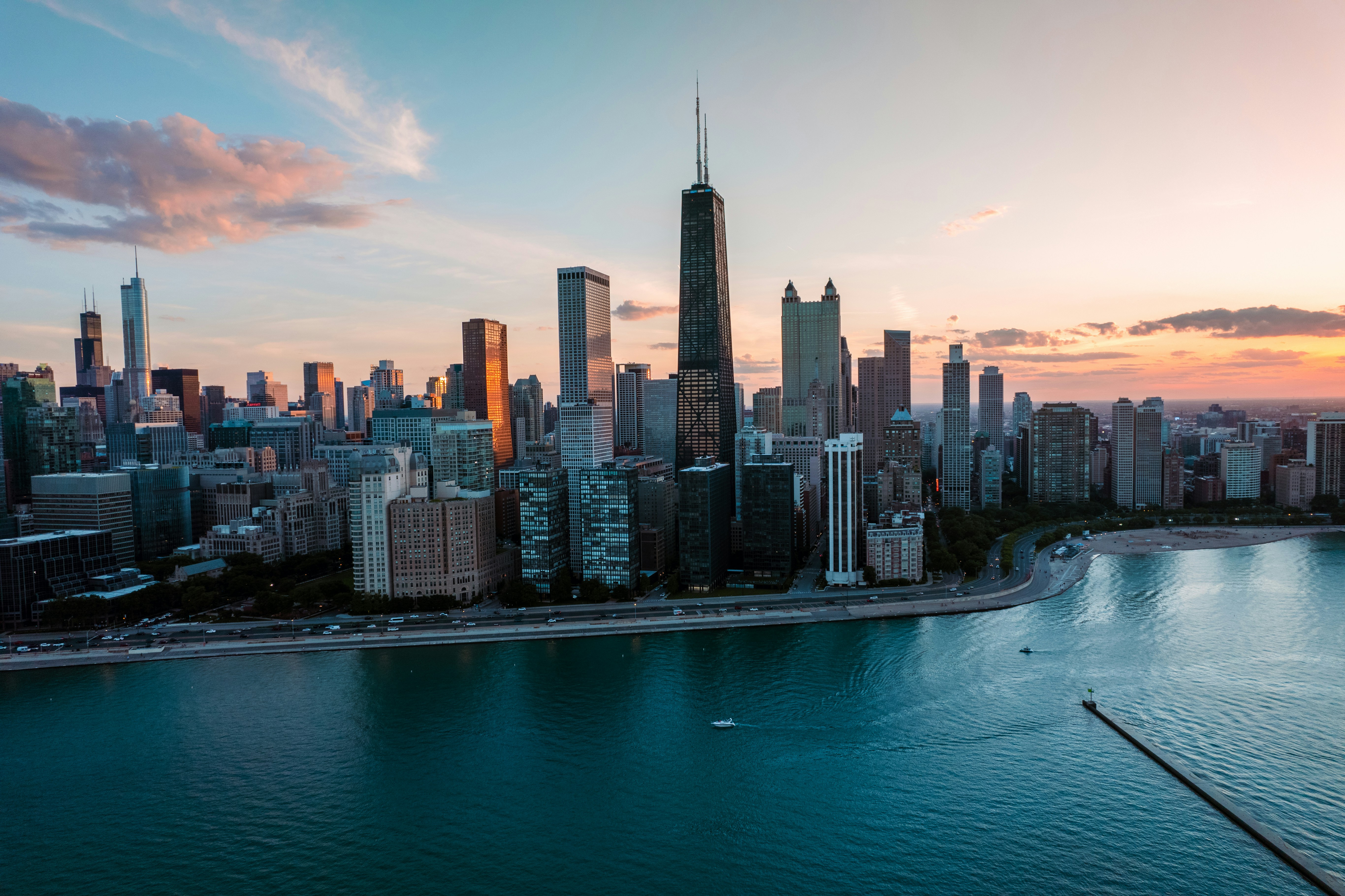 Aerial view of 875 N. Michigan (formerly the John Hancock building) from lake Michigan in Chicago, Illinois.