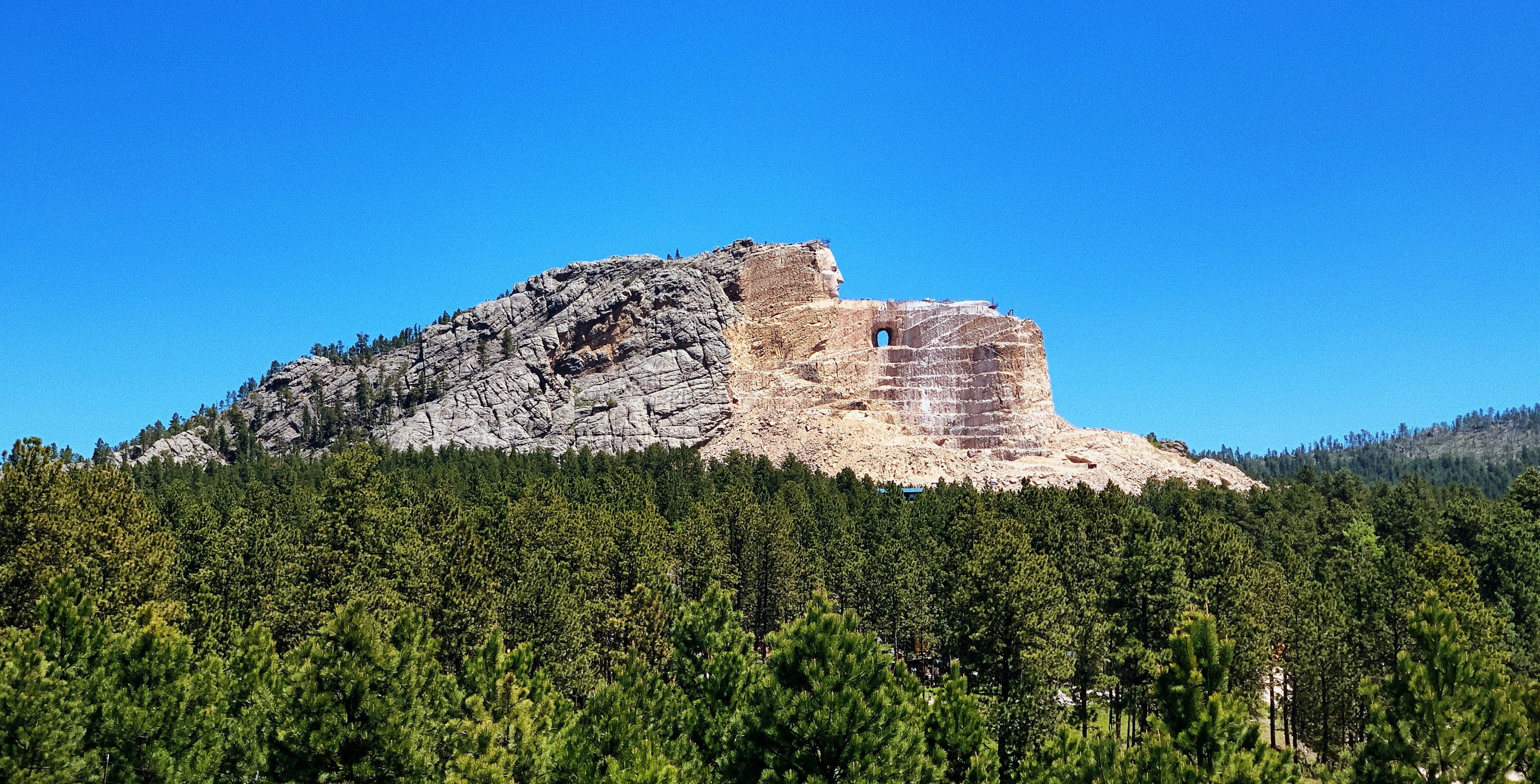 Massive rock sculpture under construction, surrounded by dense forest under a clear blue sky.